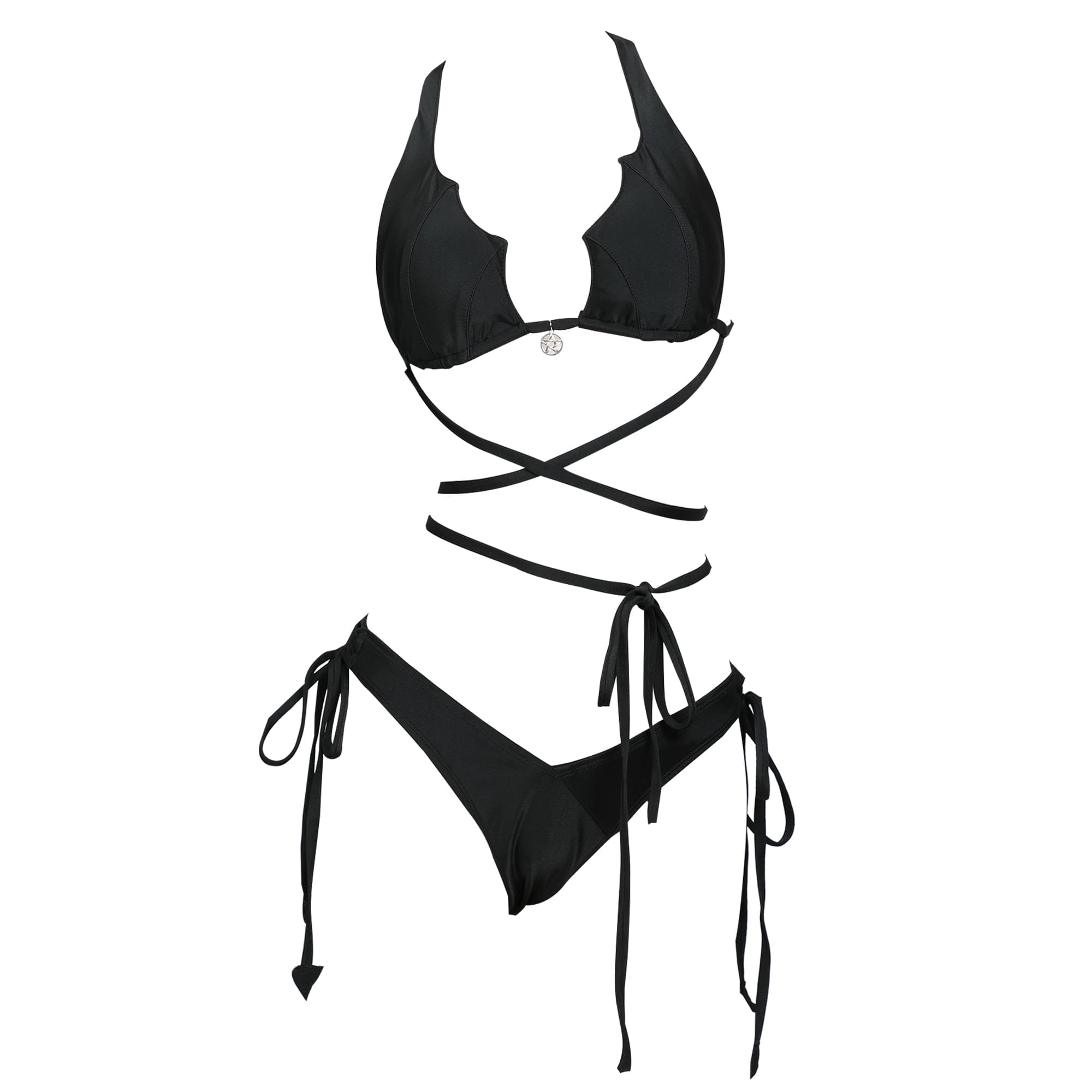 MEOWCOS Women Gothic Bat Style Black Two-Piece Swimsuit Halter Lace-up ...