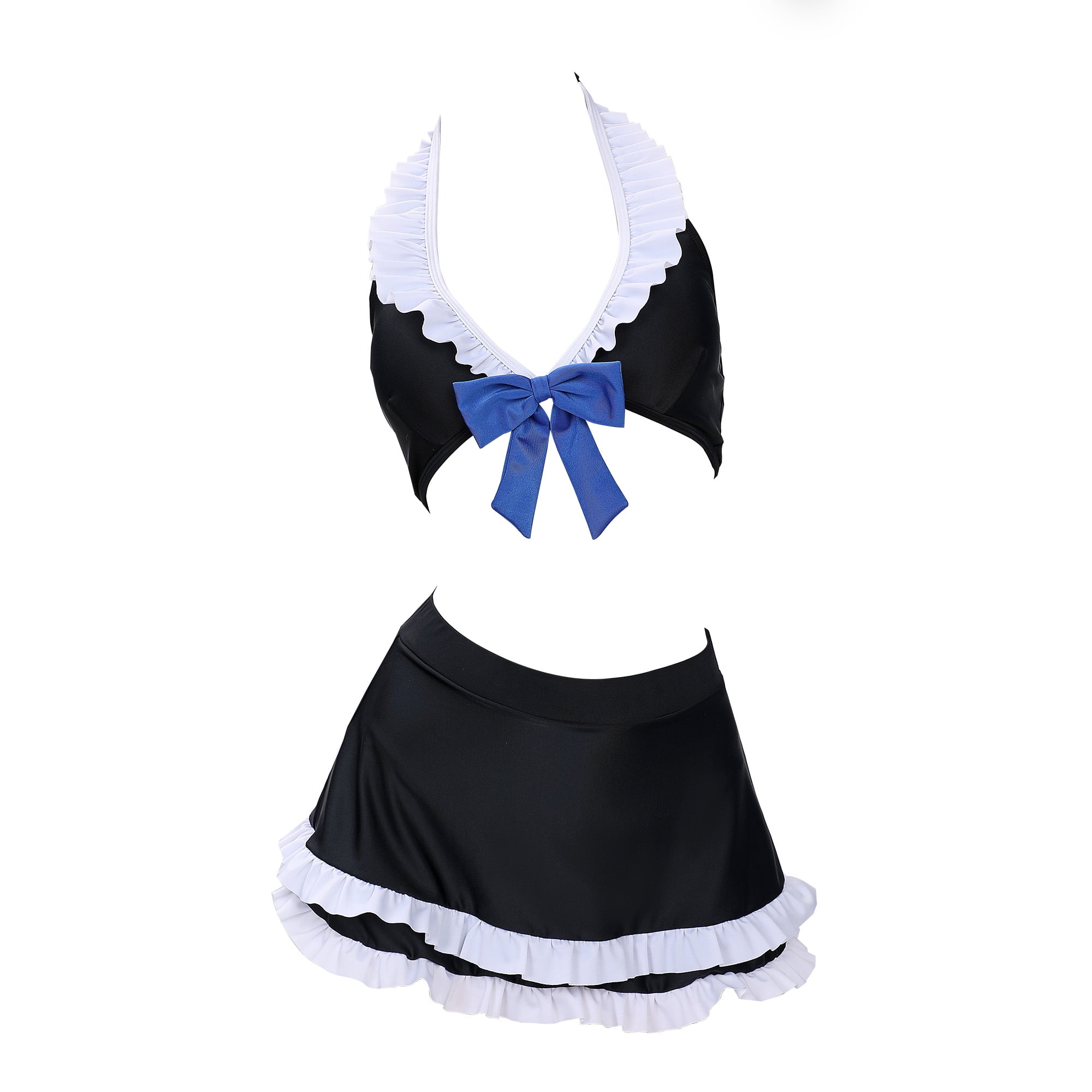 MEOWCOS Women Gothic Swimwear Set Black Halter Top And Mini Skirt with ...