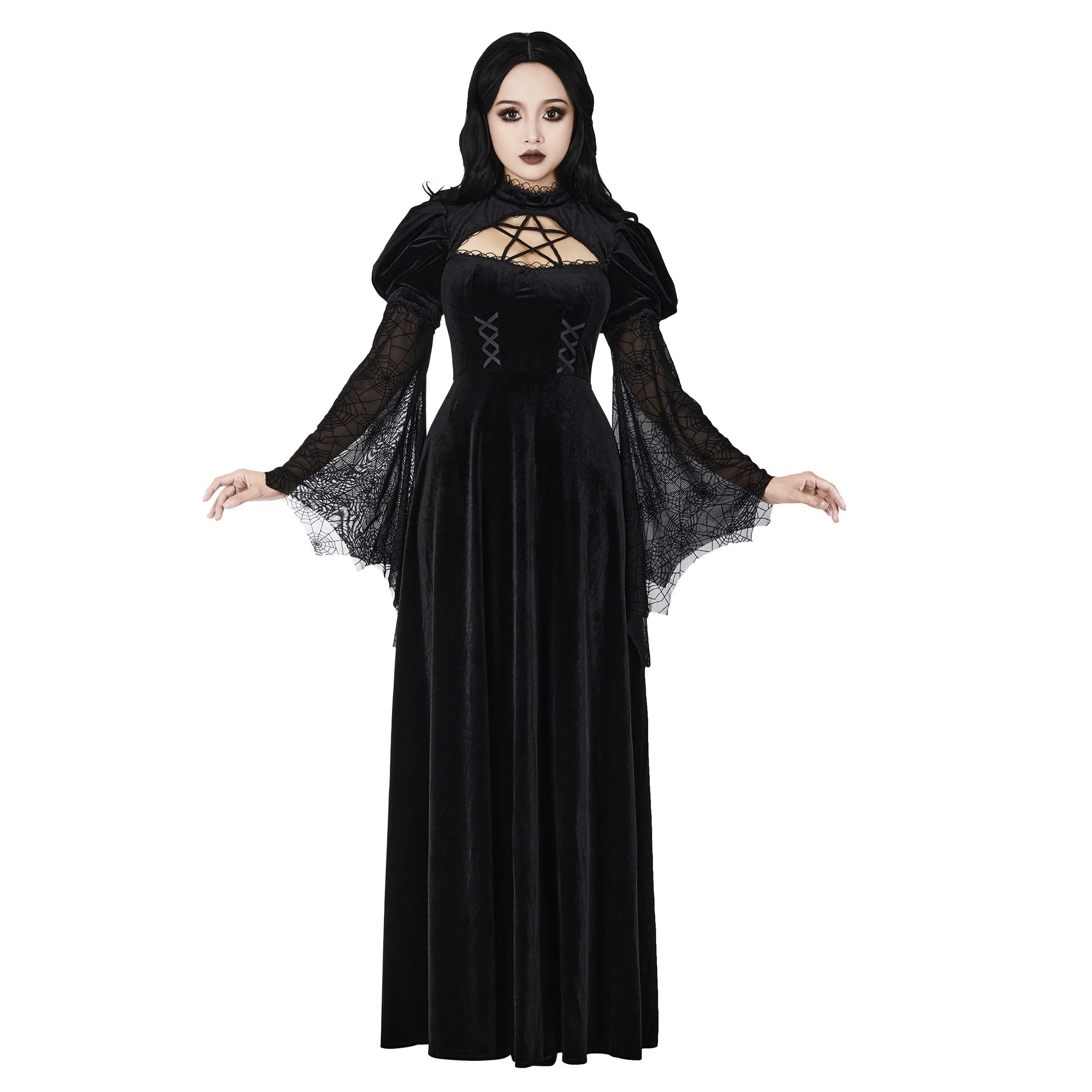 MEOWCOS Women's Evil Witch Gothic Spider Web Flared Sleeve Long Dress ...