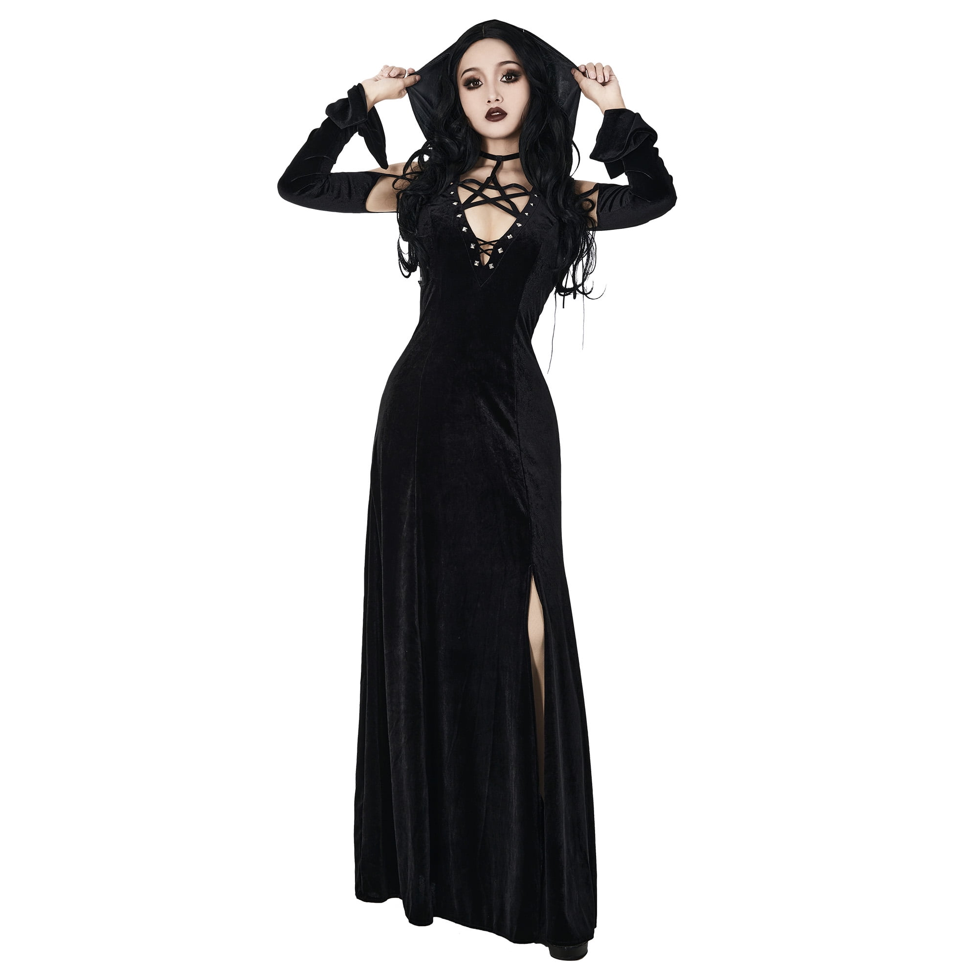 MEOWCOS Women's Wicked Witch Gothic Black Split Off-Shoulder Hooded ...