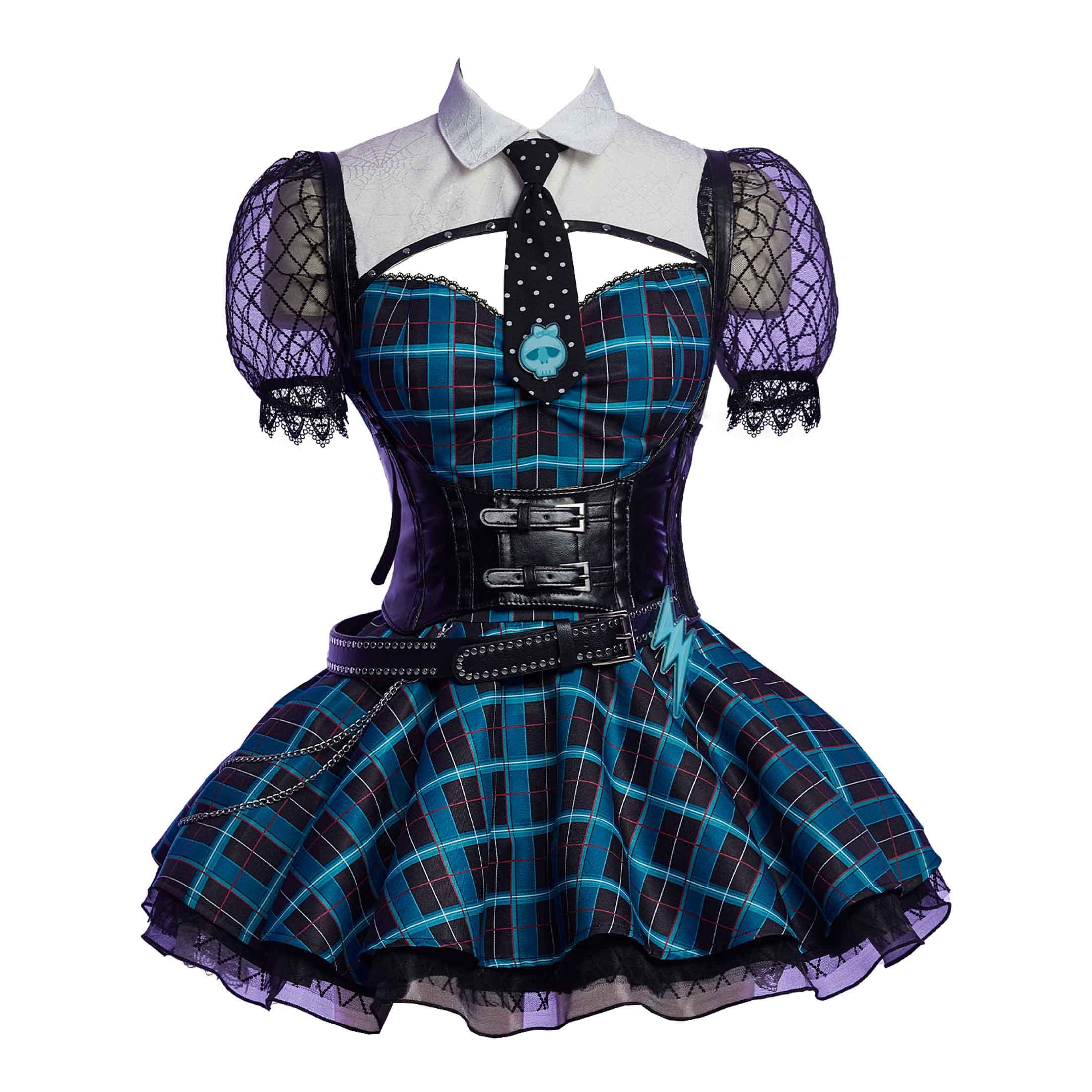 MEOWCOS Womens Gothic A-line Dress Blue Black Plaid Dress Dark Style ...