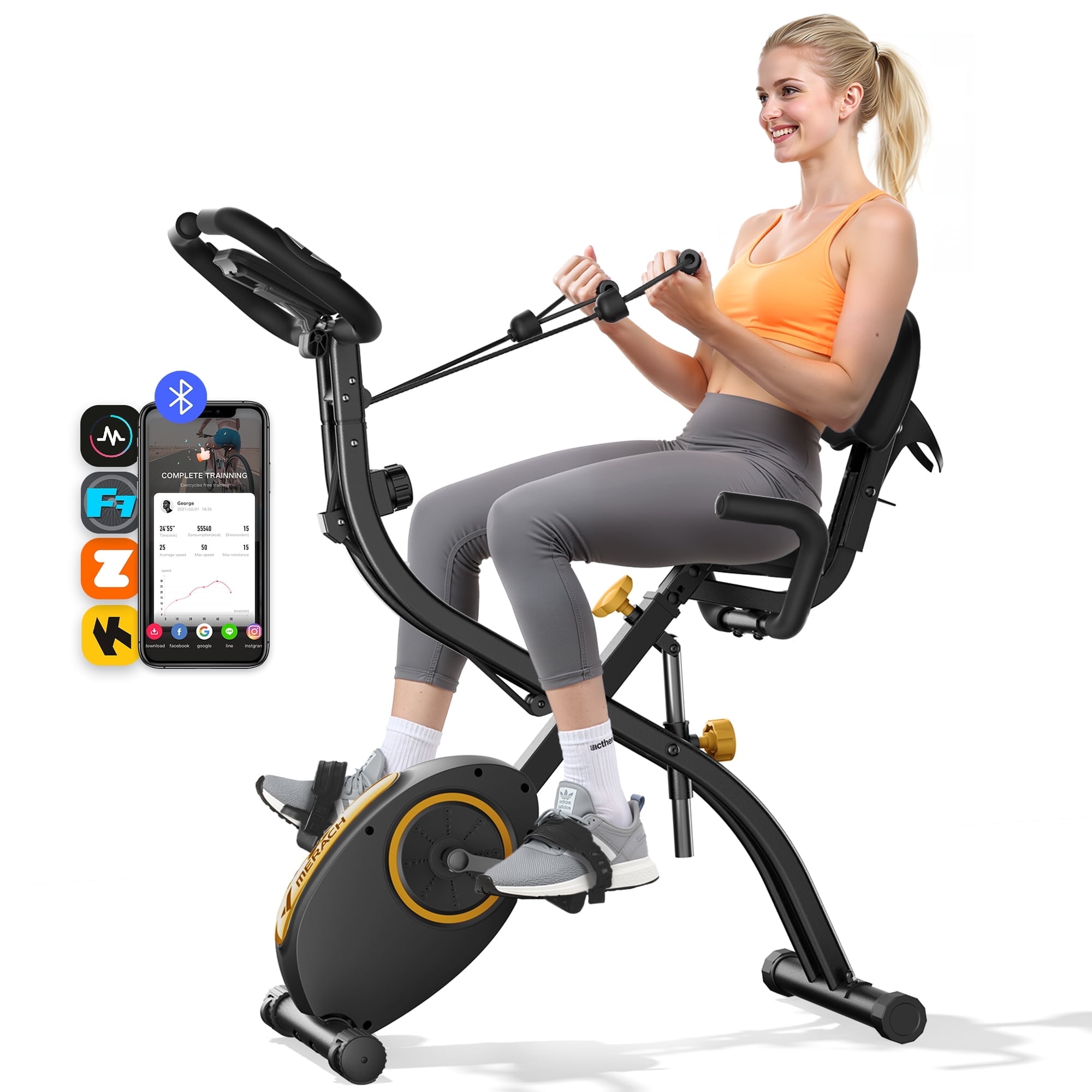 MERACH 4-in-1 Folding Exercise Bike, Quiet Magnetic Upright Bike with Arm Bands, 16 Resistance ...