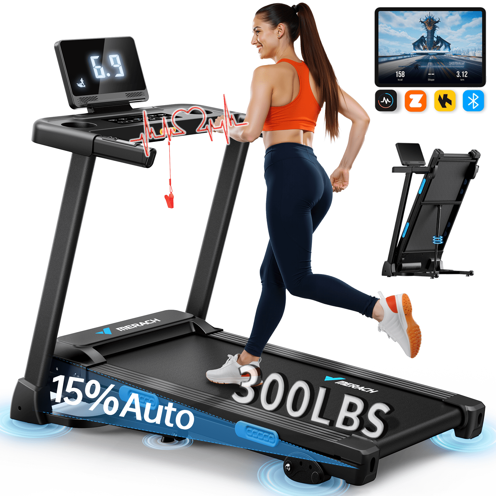 MERACH Folding Treadmill, 15% Auto Incline, 2.5HP, 300 lbs Capacity ...
