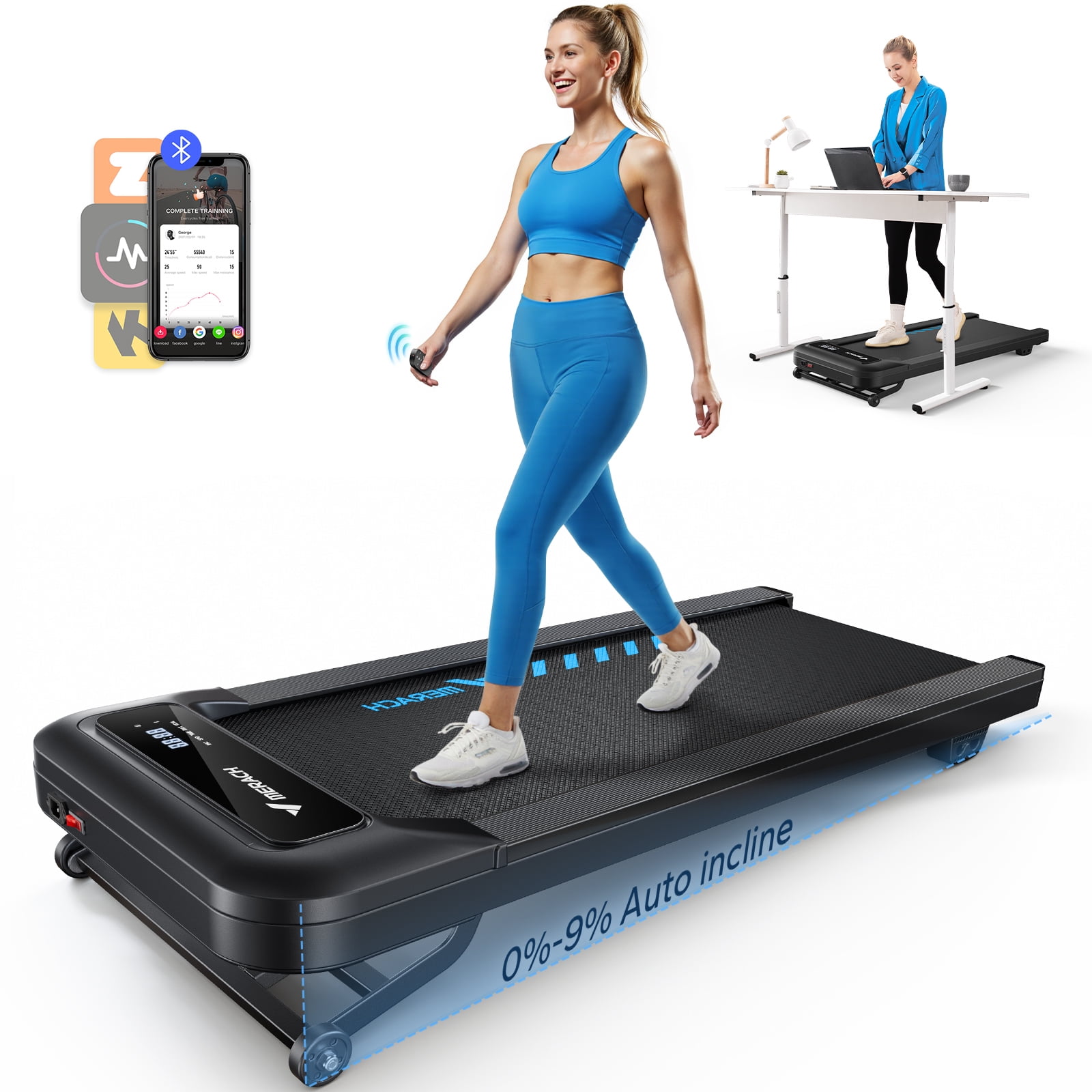 MERACH Walking Pad with Auto 9% Incline, 2.5 HP Under Desk Treadmill ...