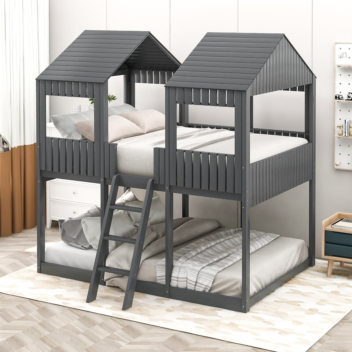 MERAX Full over Full Wood Tower Bunk Bed with Roof Grey - Walmart.com