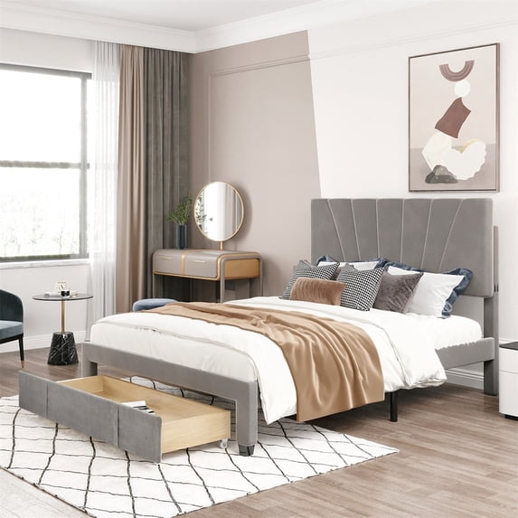 MERAX Queen Velvet Upholstered Platform Bed Storage Bed with a Big ...