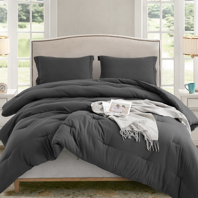MERITLIFE Dark Grey Lightweight Plain Bedding Comforters Sets, All ...