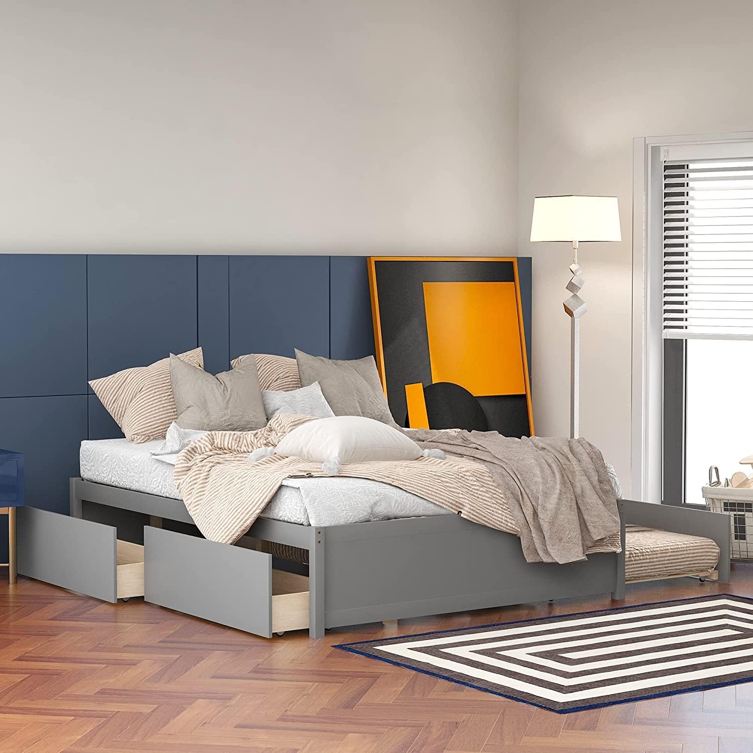 MERITLINE Full Size Bed Frame with Drawers and Trundle,Wood Full ...