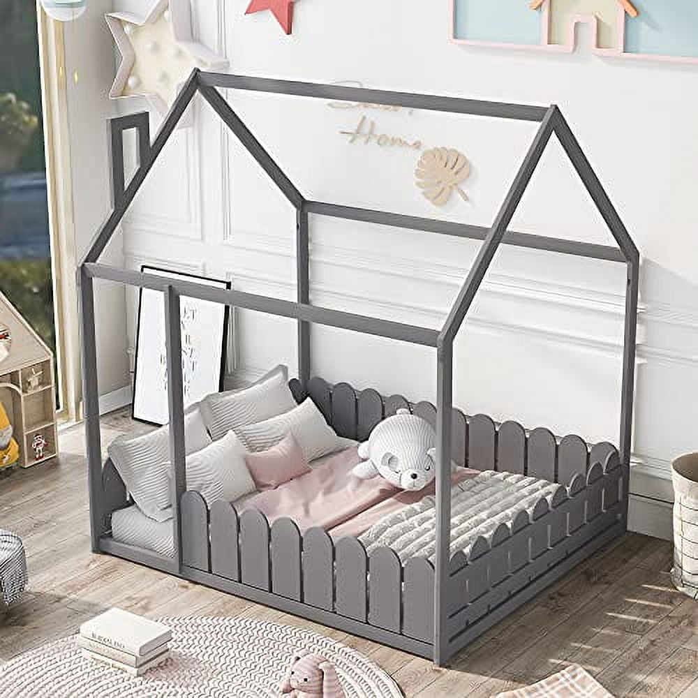 MERITLINE Full Size Bed House Bed, Montessori Beds Frame with Fence ...