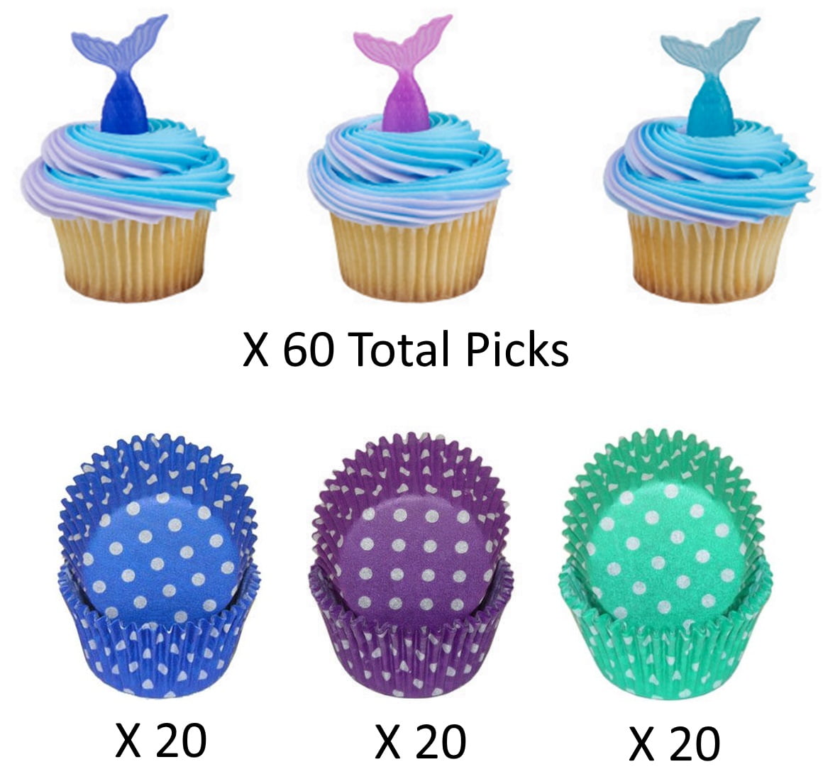 MERMAID TAIL Cupcake Toppers and Liners - Picks with Coordinating Polka ...