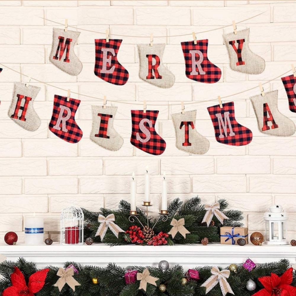 MERRY CHRISTMAS Burlap Banner Buffalo Plaid Stocking Shaped Banner with ...