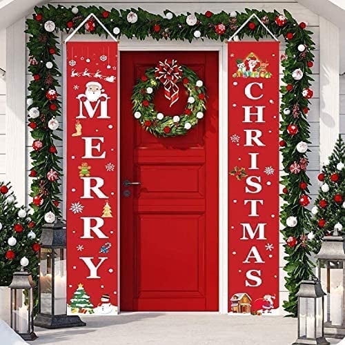 MERRY Christmas Hanging Banner Porch Sign with Red Pattern Christmas ...