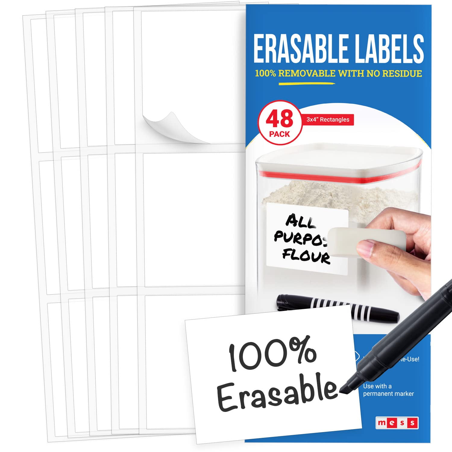 MESS Reusable Labels for Food Containers - Erasable Kitchen Labels (3x4 ...