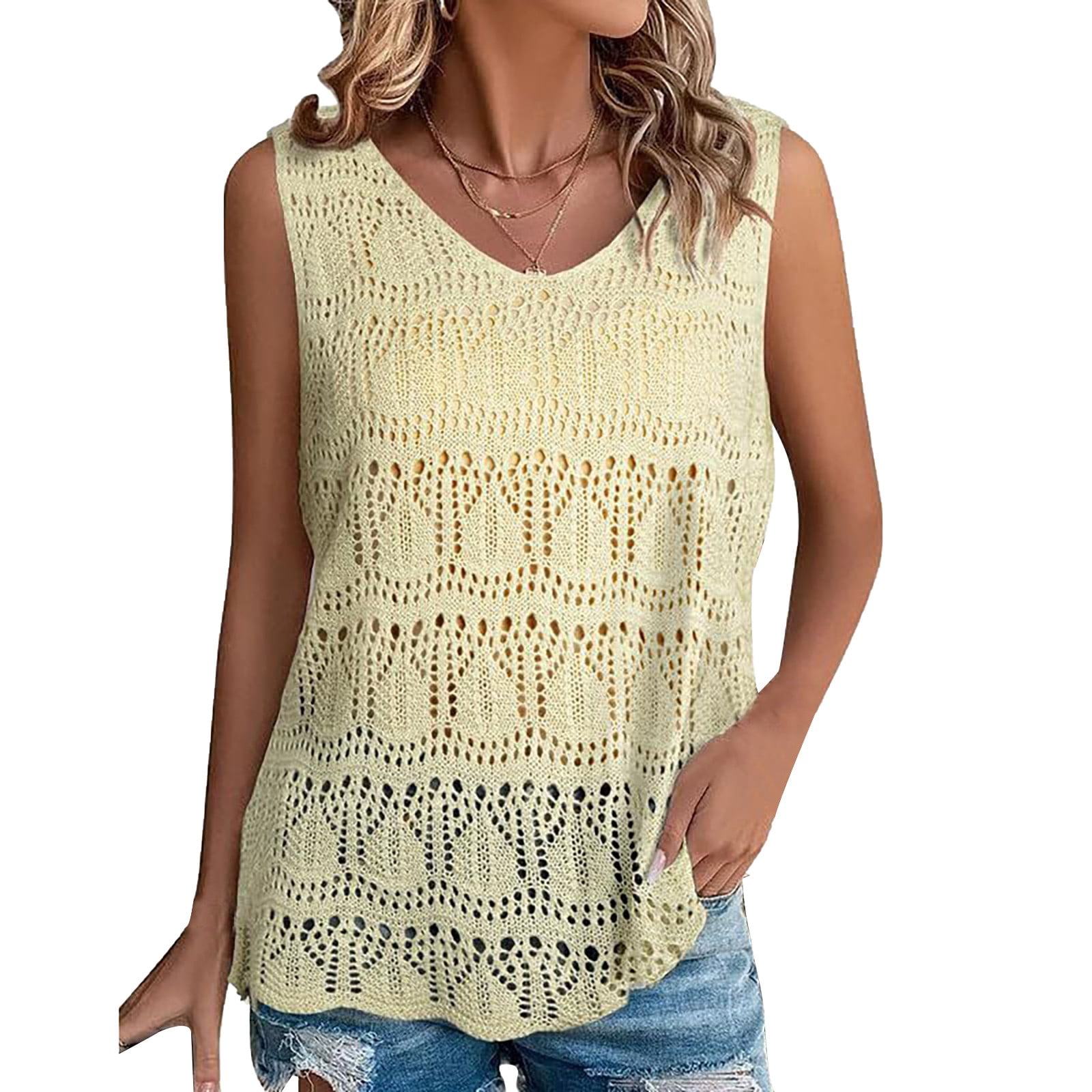 MESSUEN Sleeveless Tops for Women Crochet Tank Tops for Women Crew Neck ...