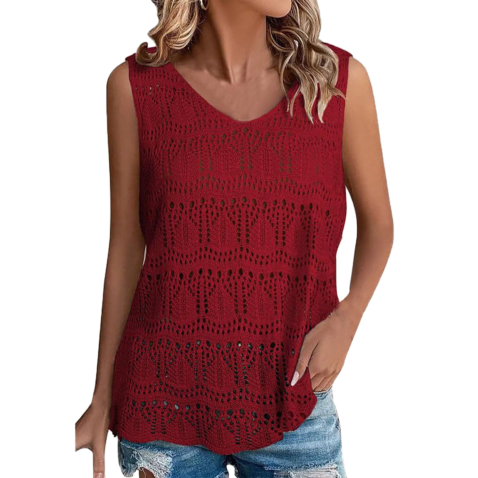 MESSUEN Sleeveless Tops for Women Crochet Tank Tops for Women Crew Neck ...