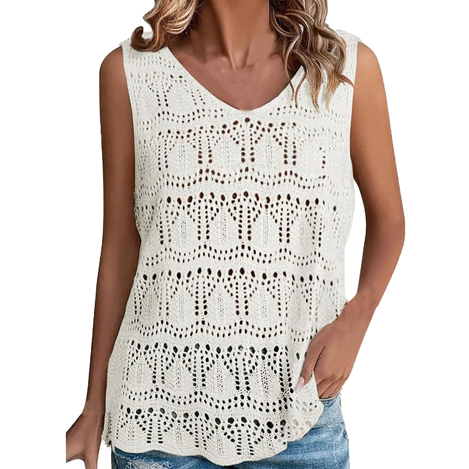 MESSUEN Sleeveless Tops for Women Crochet Tank Tops for Women Crew Neck ...