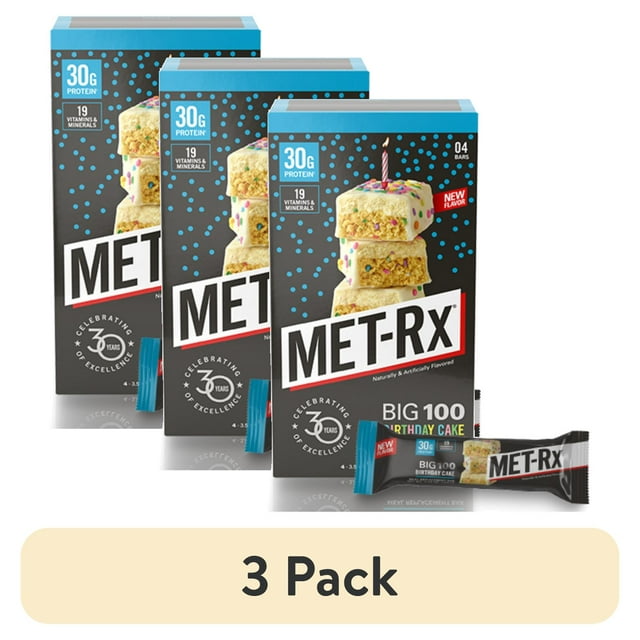 (3 pack) MET-Rx Big 100 Bar, Birthday Cake, Protein Bar Snack, 4 Count ...