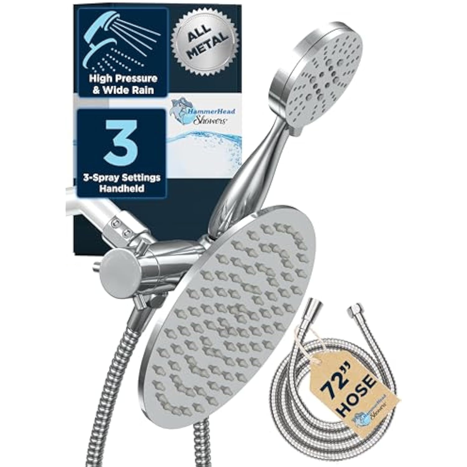 ALL METAL Dual Shower Head Combo – CHROME – 8 Inch Rainfall High Flow ...