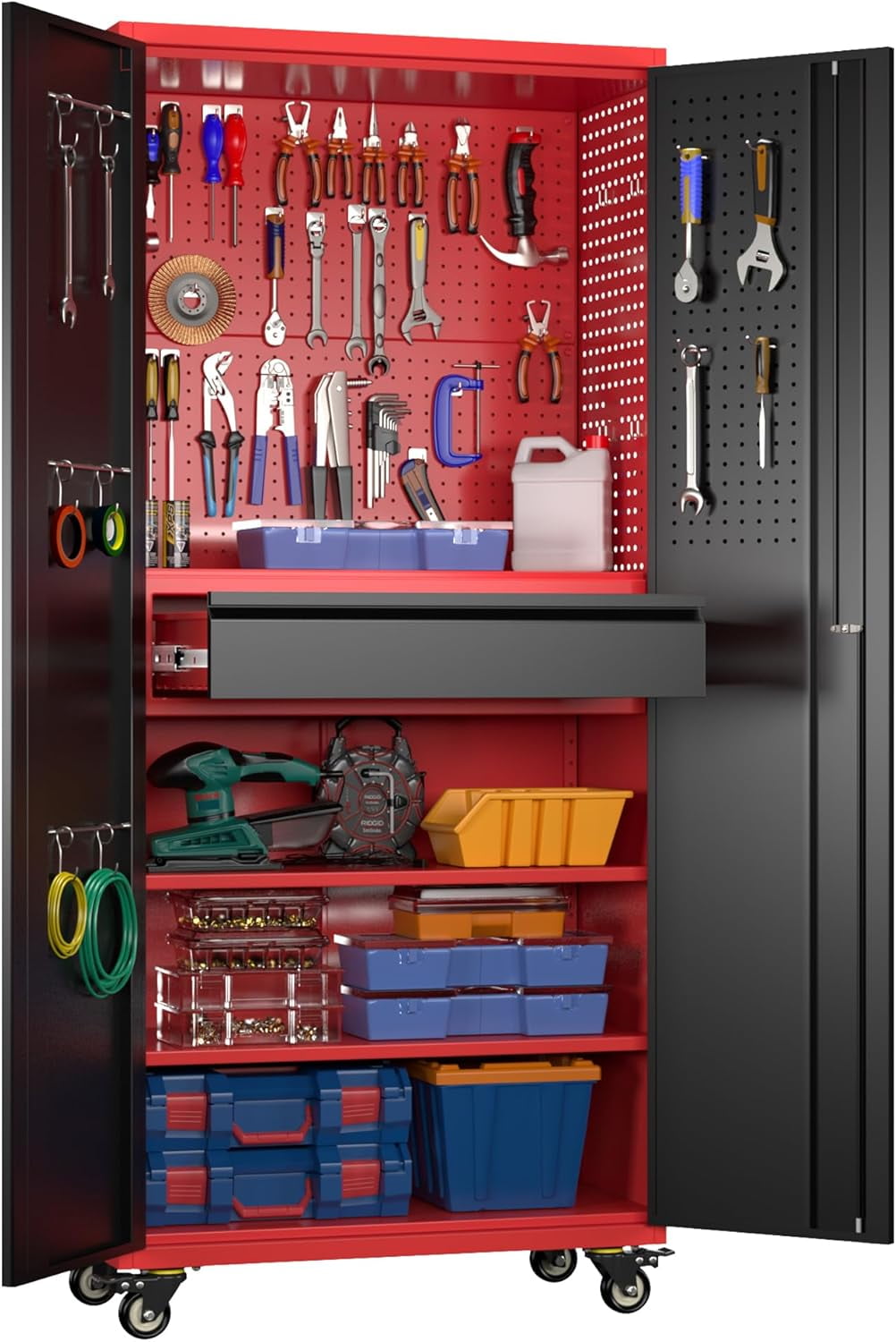 METAN 71" H Metal Storage Cabinet with Wheels with 5 Pegboards and 1 ...