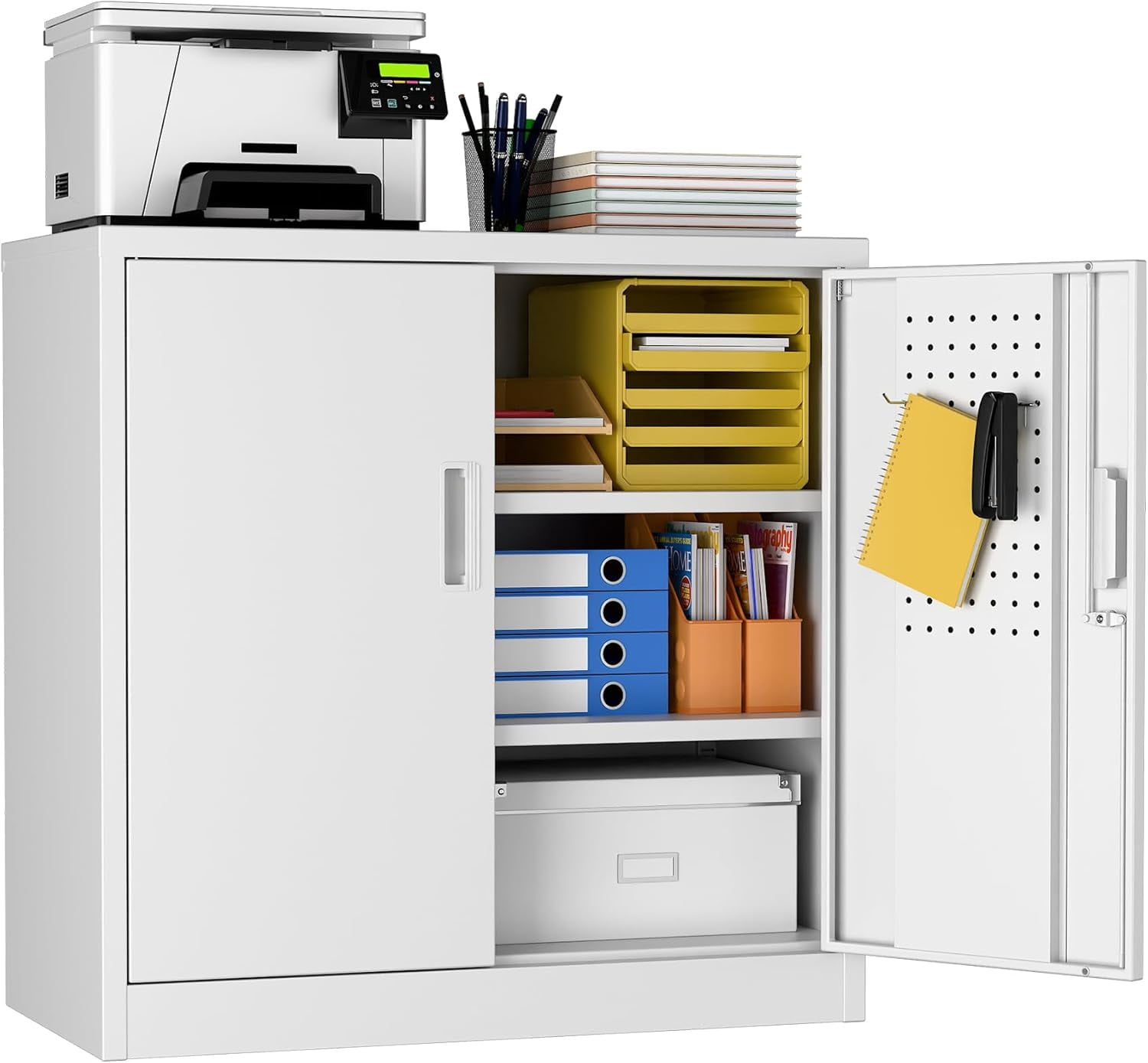 METAN Metal Storage Cabinet with Pegboards, 31.5 Inches Garage Storage Cabinet with 2 Locking ...