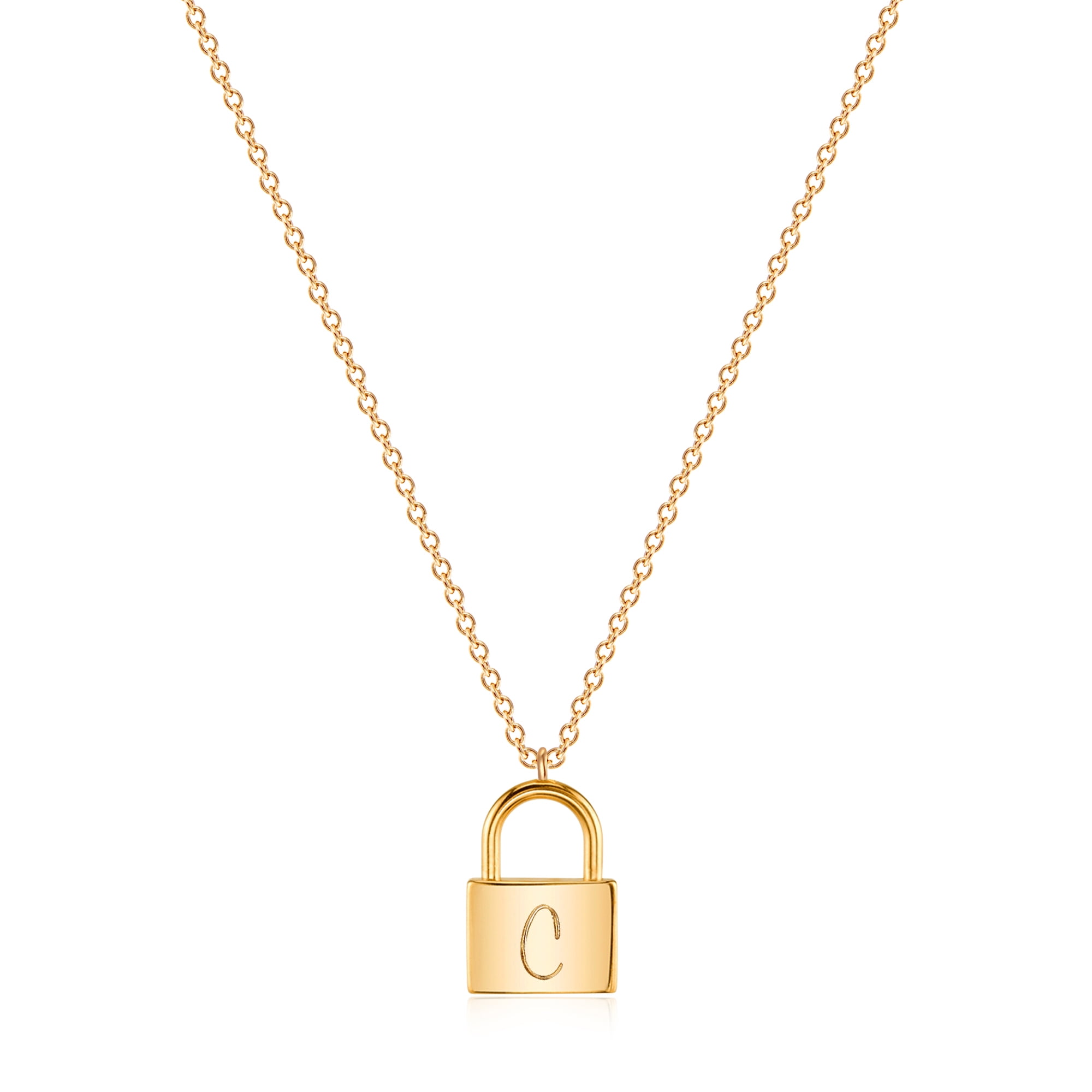 MEVECCO 14K Gold Plated Padlock Letter Pendant Necklace for Women ...