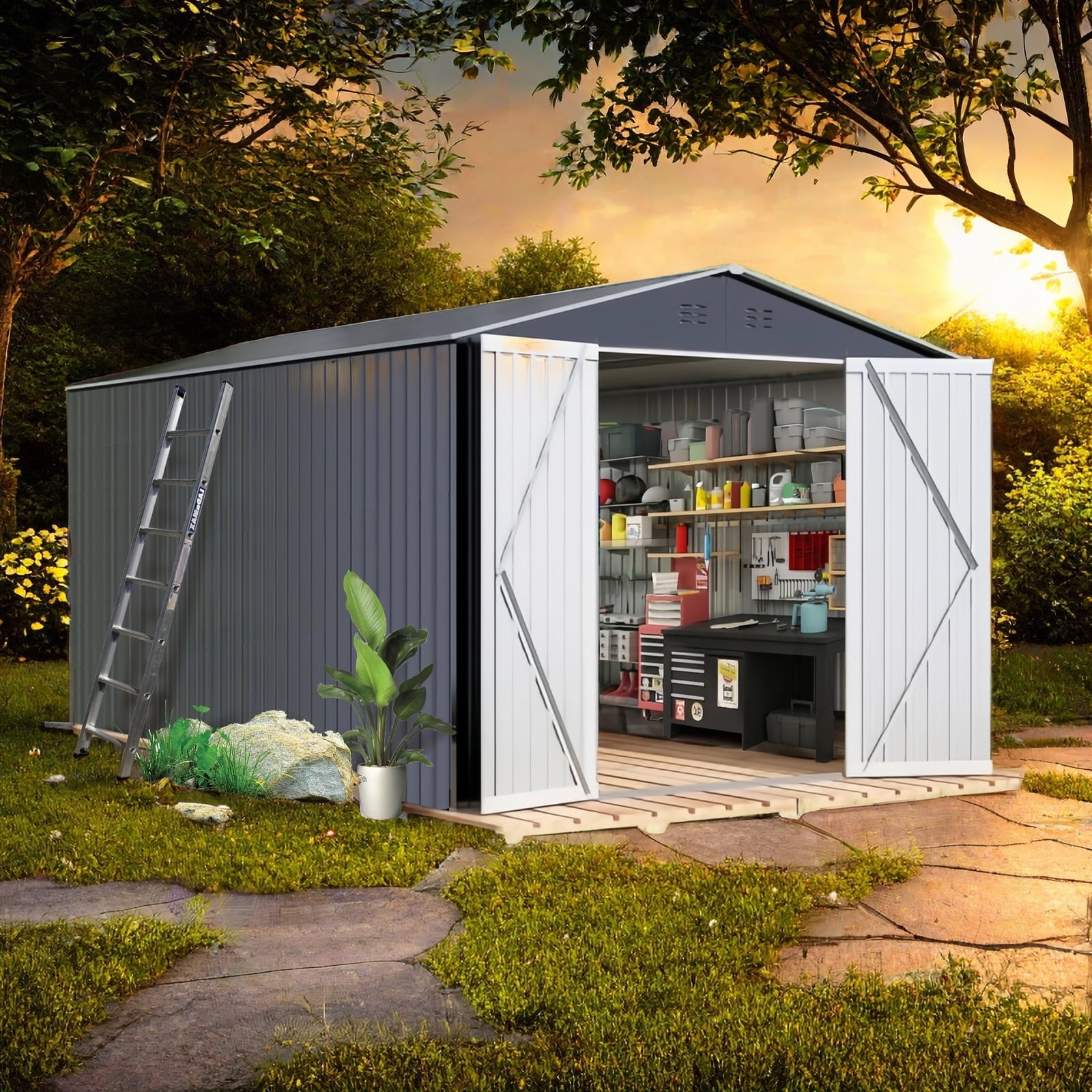 MEWANG 8 x 12Ft Outdoor Tool Storage Shed with Shutter Vents&Lockable ...