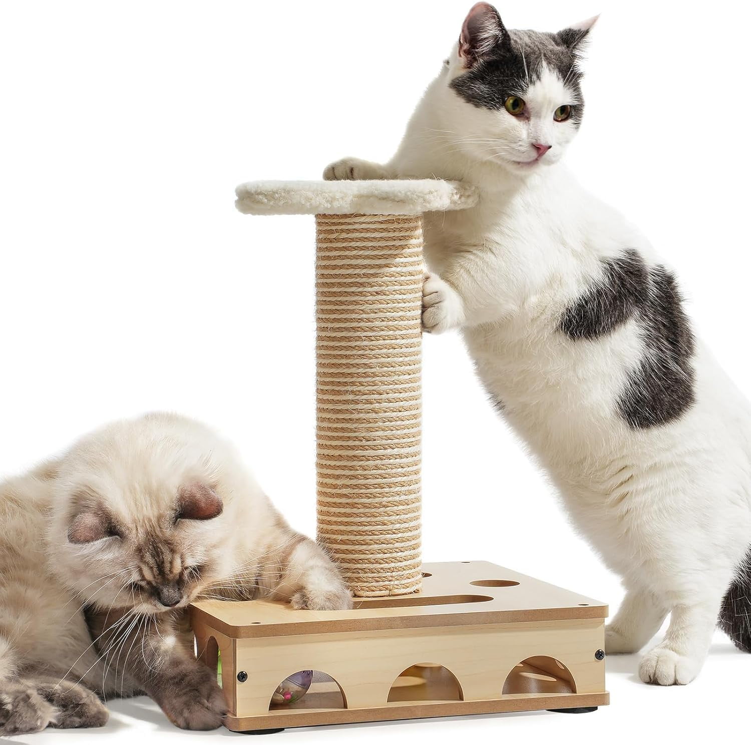 MEWOOFUN Wooden Cat Toy, Puzzle Box with Sisal Scratching Post for ...