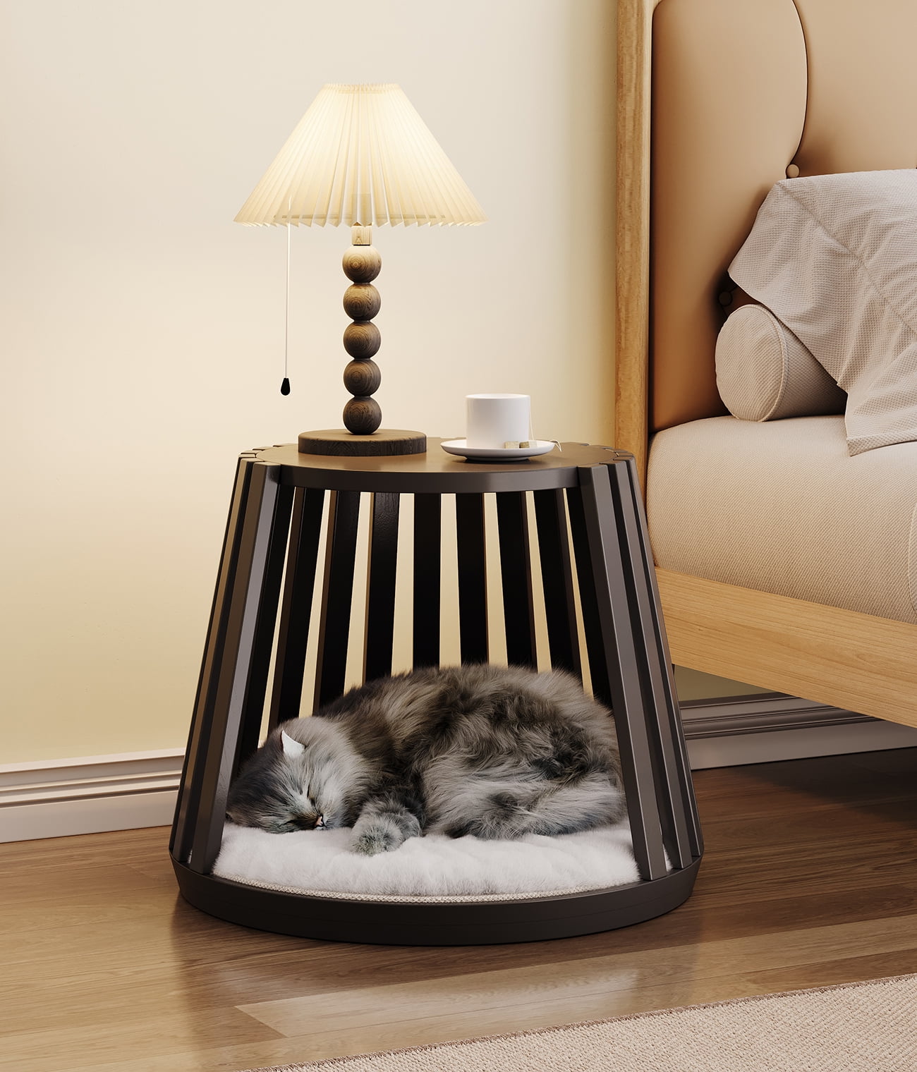 MEWZOOM 3-in-1 Wooden Cat Bed Condo for Indoor Cats with Furry Removable Cushion, End Table Cat ...