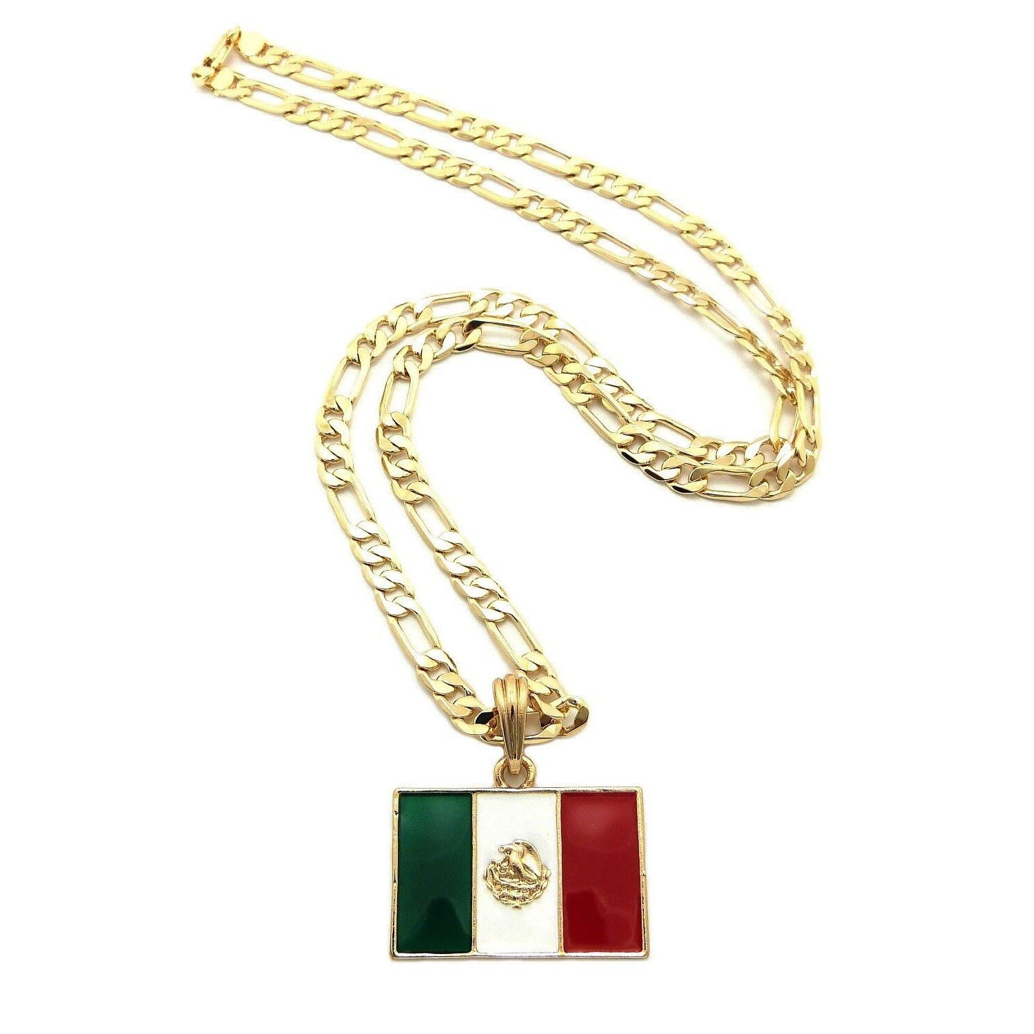 MEXICO FLAG GOLD PENDANT & 5mm 24" 14K STAMPED FIGARO CHAIN HIP HOP ...