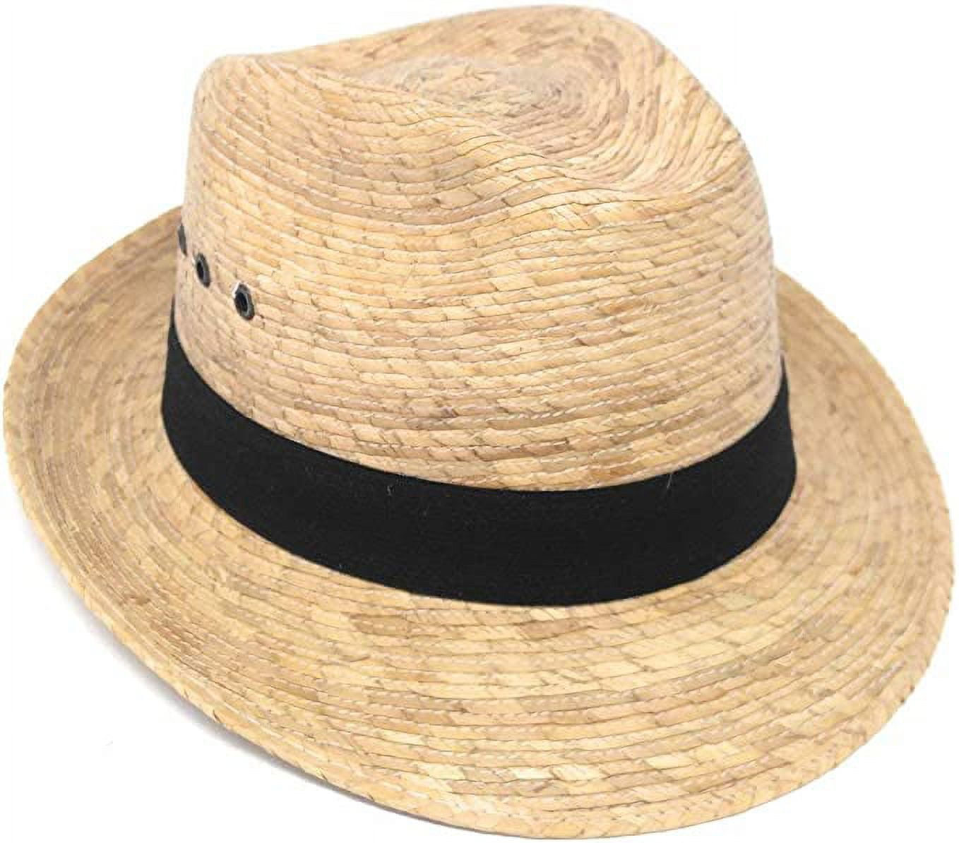 MEXIMART Handmade Mexican Palm Leaf Straw Fedora Hat with Black Hatband ...