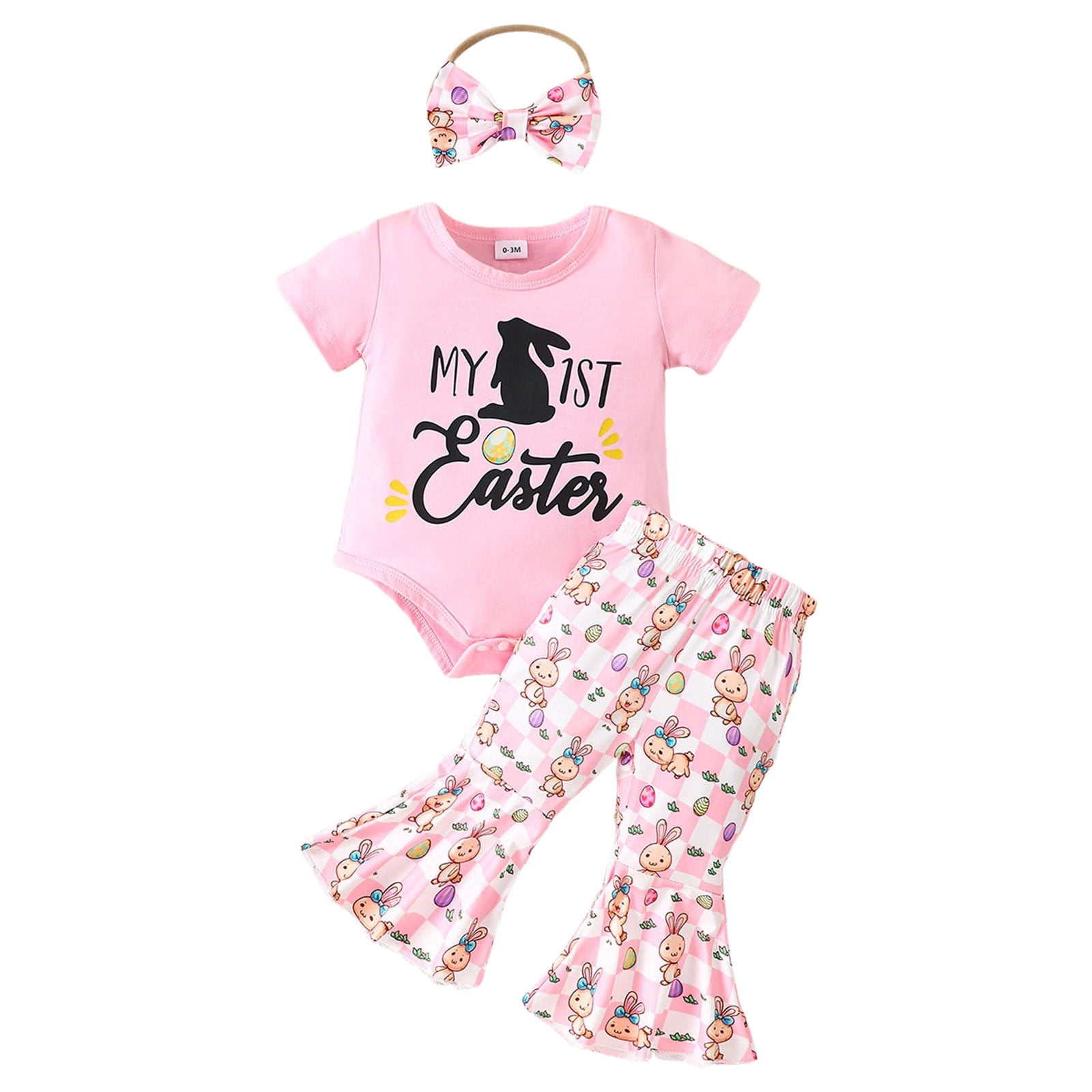 MEZZALL Baby Girl Easter Outfit Long Sleeve Ribbed Romper Shirts Bunny Floral Flared Pants ...