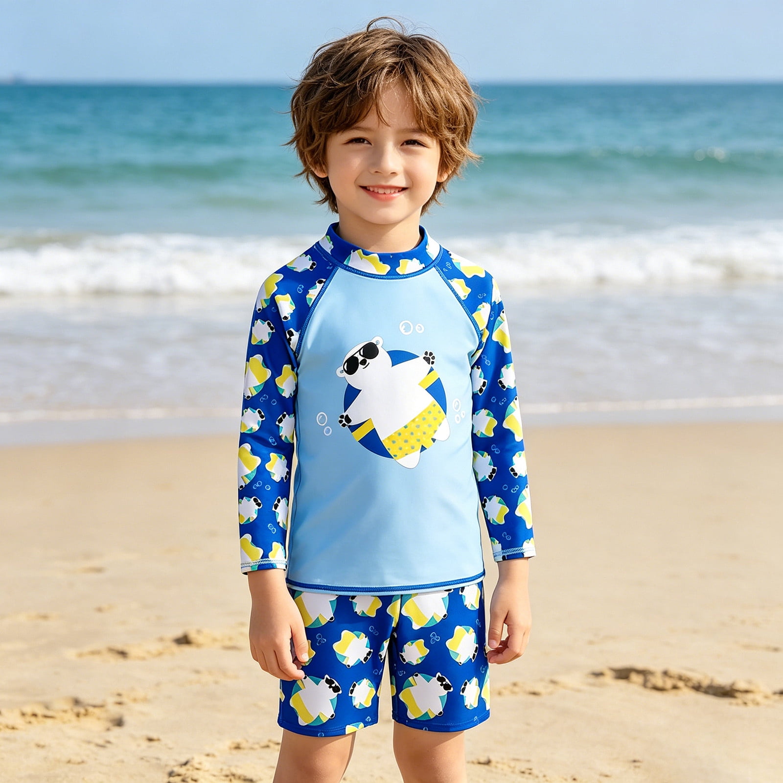 MEZZALL Children Swimsuit Boys Long Sleeve O-Neck Swimwear With Rash ...