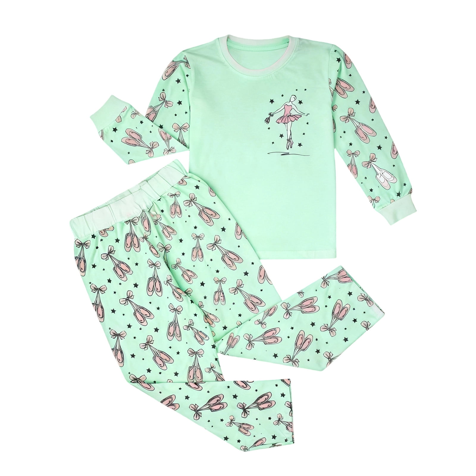 MEZZALL Girls Ballet Print O-Neck Sleep Shirts Pants Two Piece Night ...