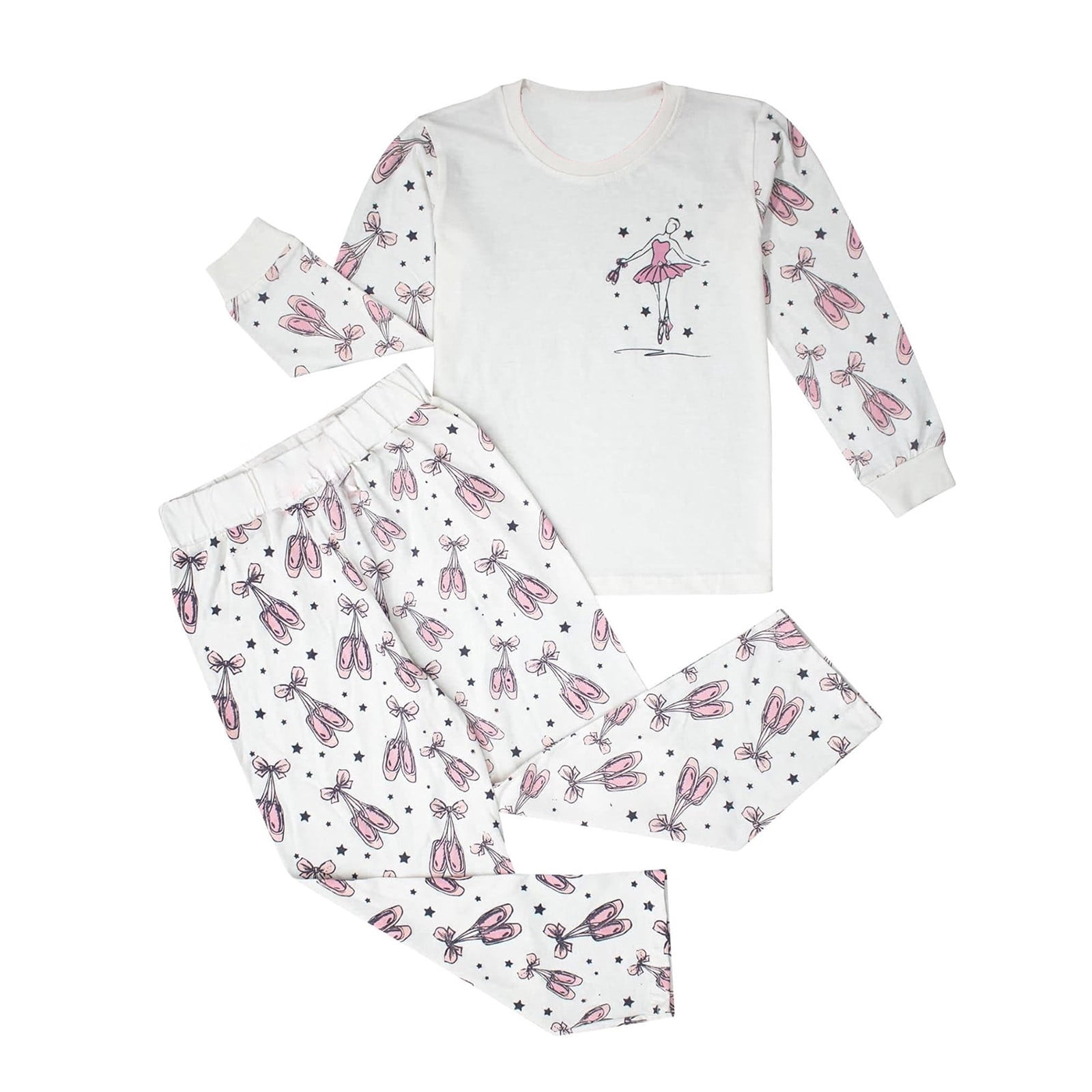 MEZZALL Girls Ballet Print O-Neck Sleep Shirts Pants Two Piece Night ...