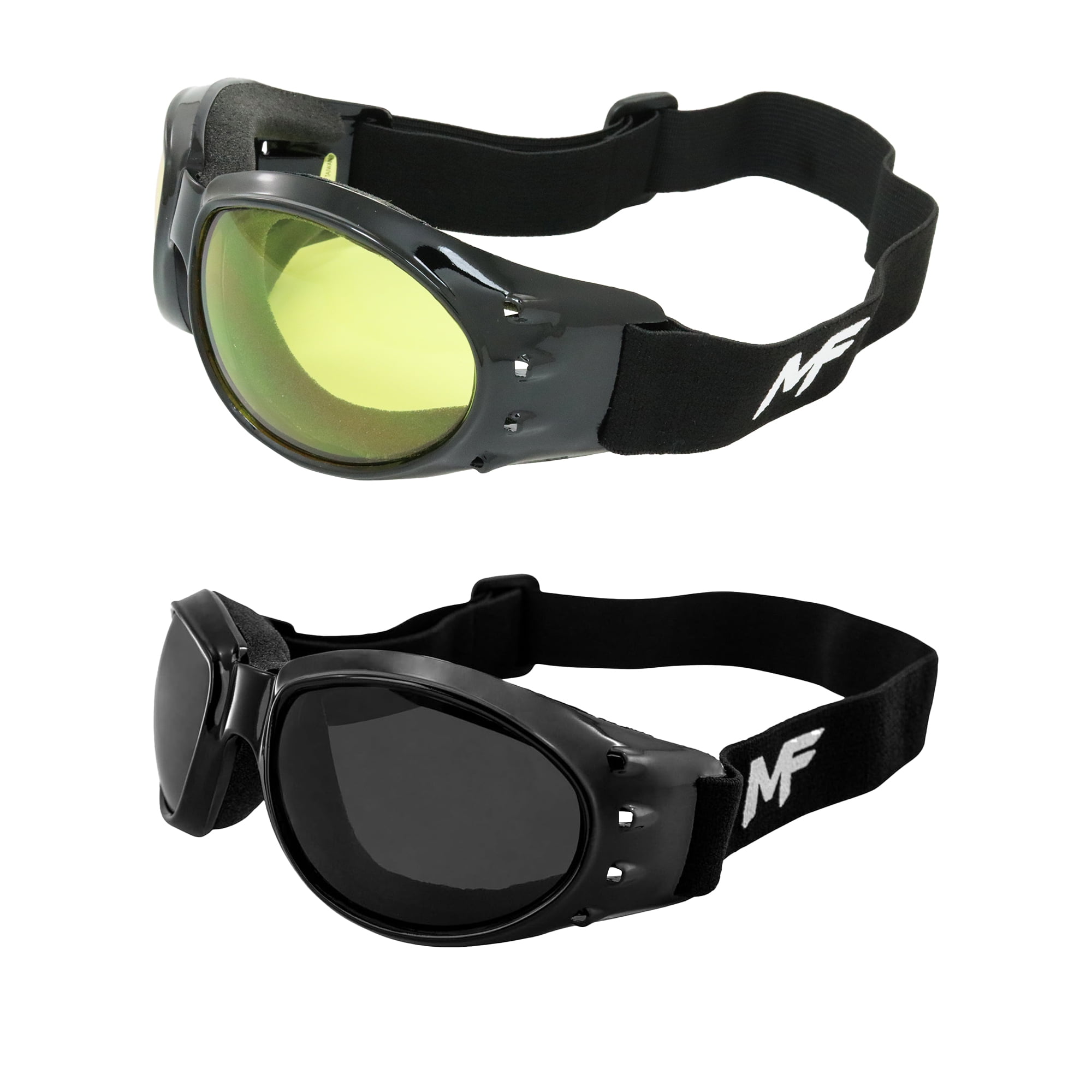 MF Eyewear Vulcan Padded Motorcycle Goggles 2 Pair Black Frame Yellow ...