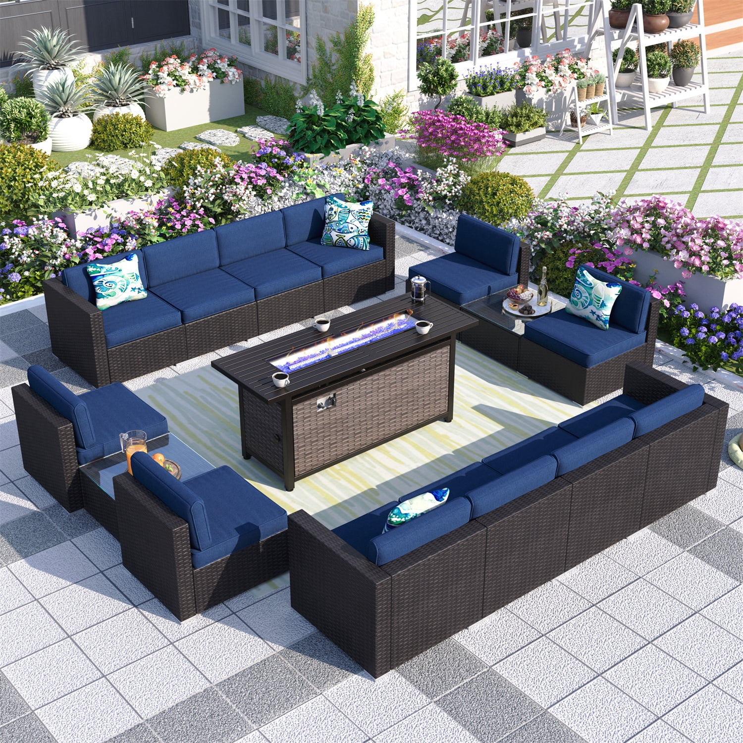 MF Studio Outdoor Patio Furniture Set, 15 Pieces with 56-Inch Fire Pit, Wicker Sofa Conversation ...