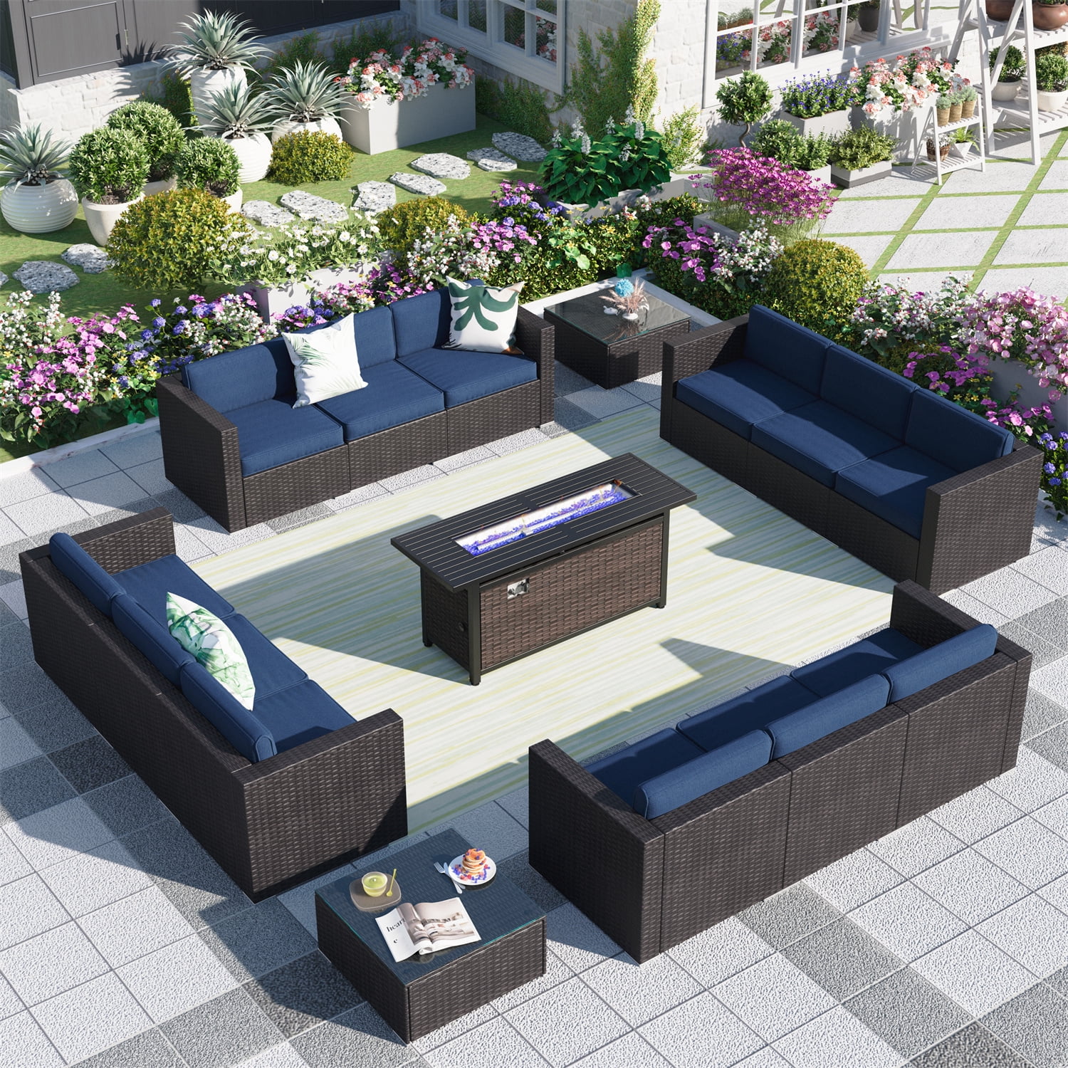 MF Studio 15pc Outdoor Patio Furniture Set with Fire Pit, Wicker ...
