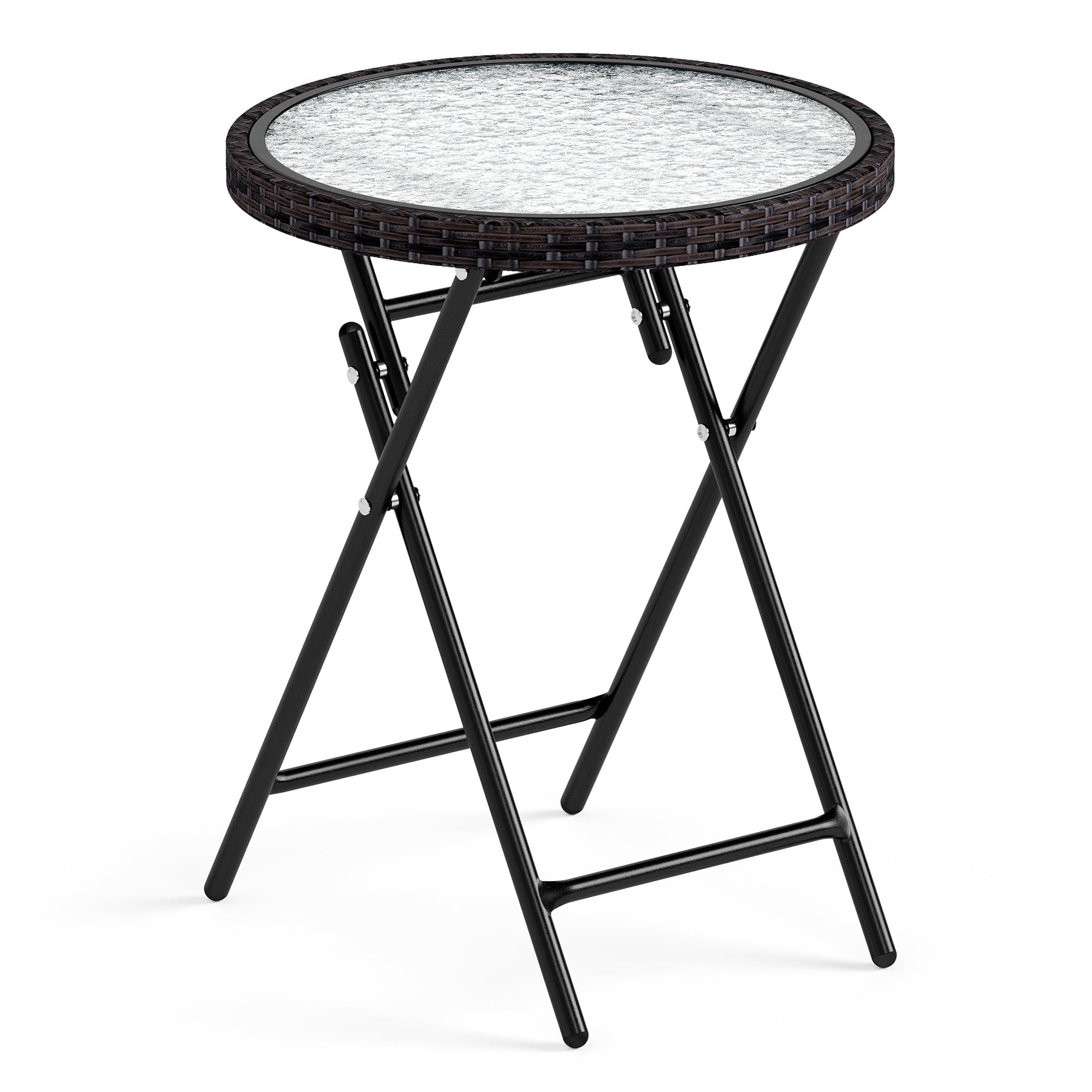 MF Studio 16" Round Glass Patio Table, Steel Frame, Wicker Rim, Outdoor ...