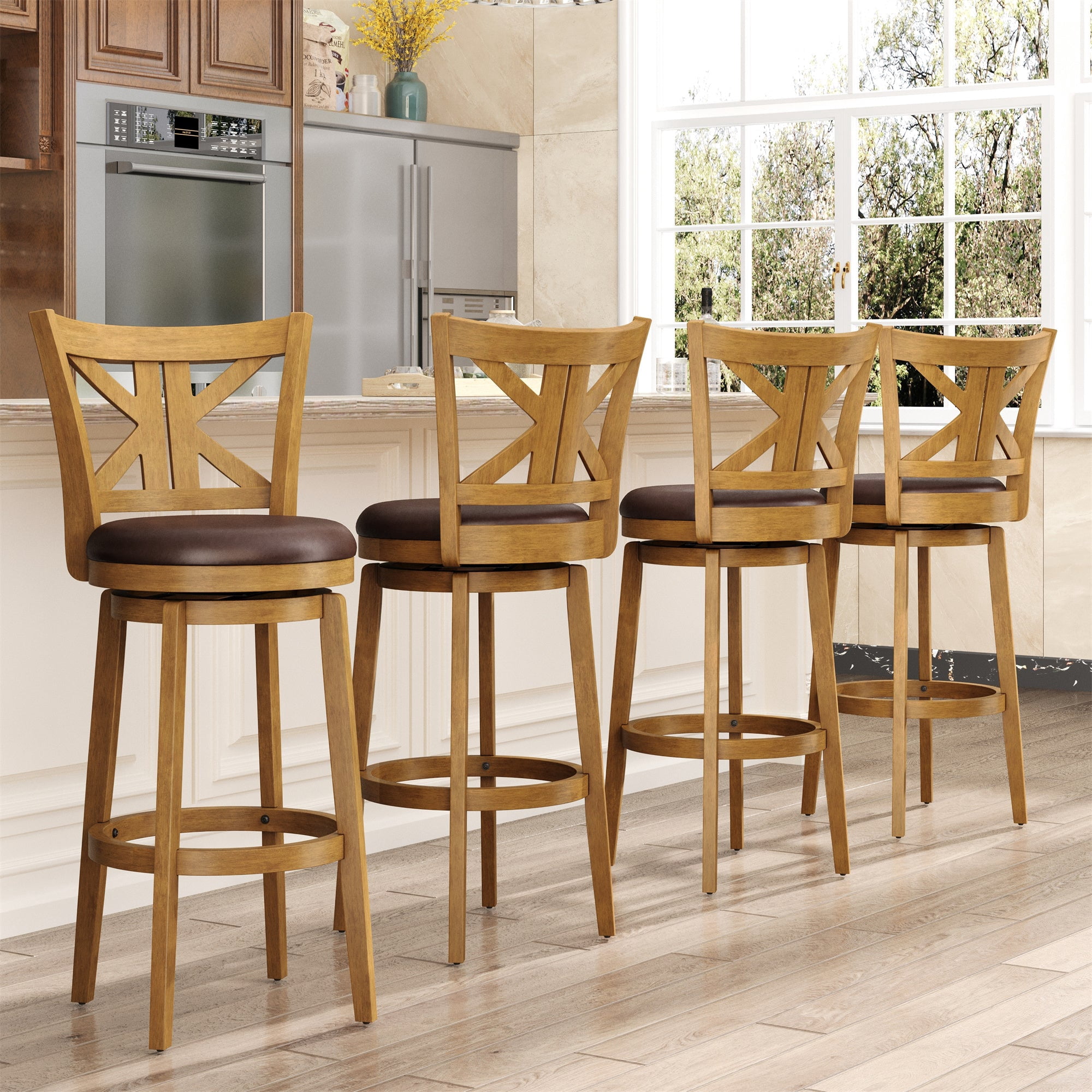 MF Studio 30" Bar Stool with Back Set of 4, Wood Swivel Bar Height ...