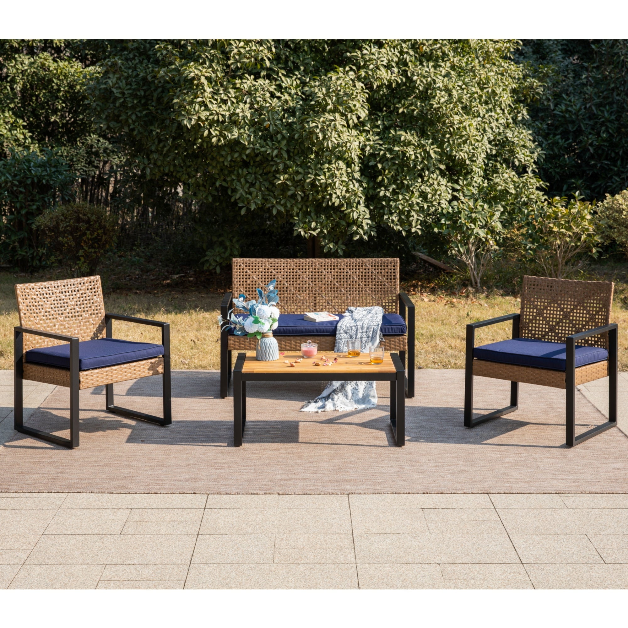 MF Studio 4-Piece All-Weather Rattan Patio Furniture Set, Outdoor ...