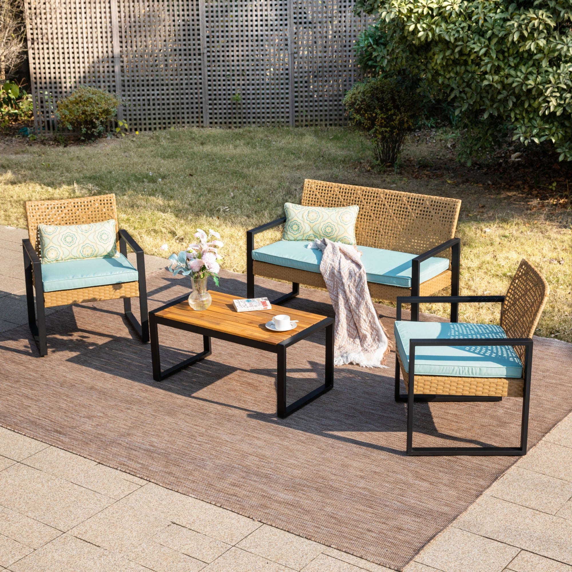 MF Studio 4-Piece All-Weather Rattan Patio Furniture Set, Outdoor ...