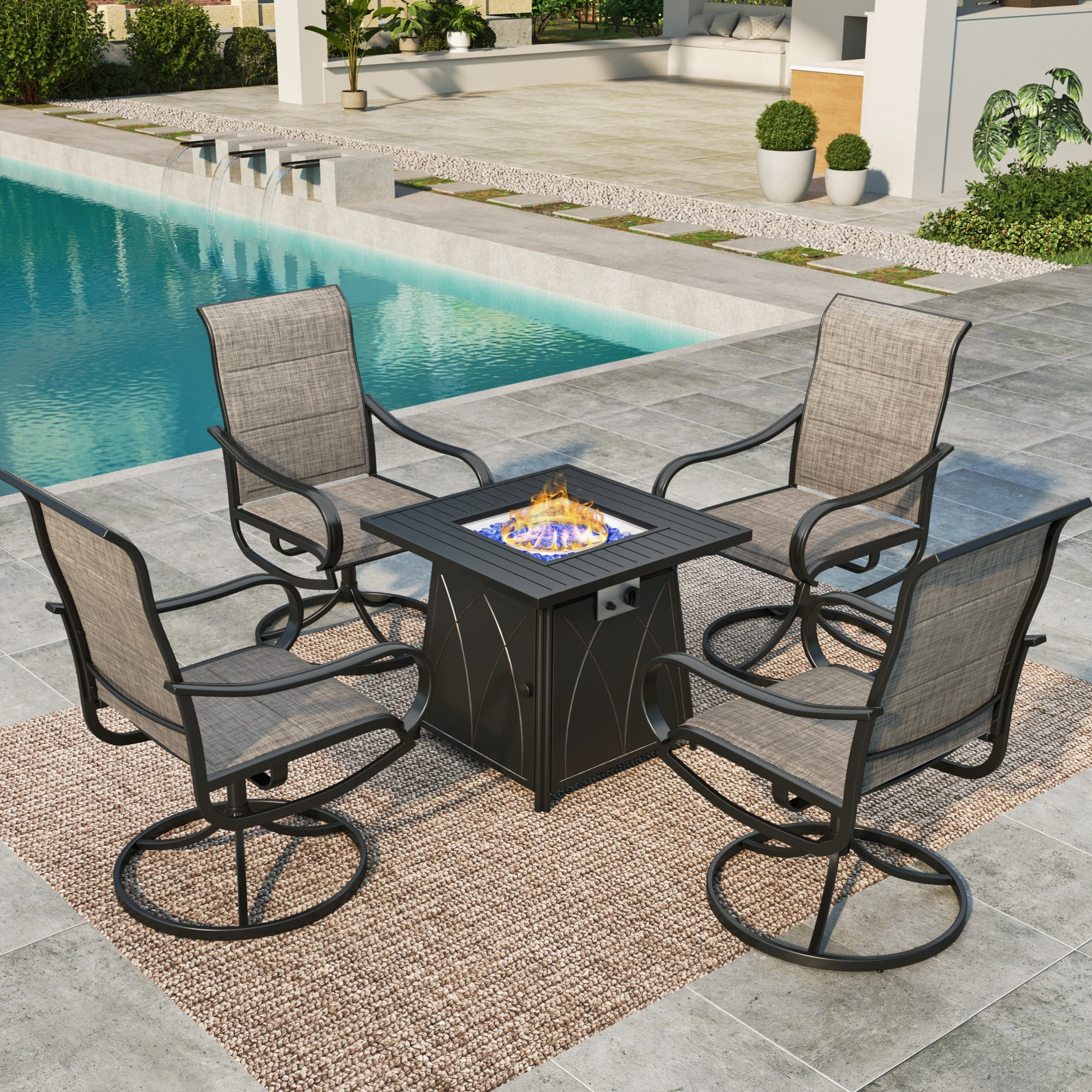 MF Studio 5-Piece Gas Fire Table Set with 4 High-Back Swivel Sling ...