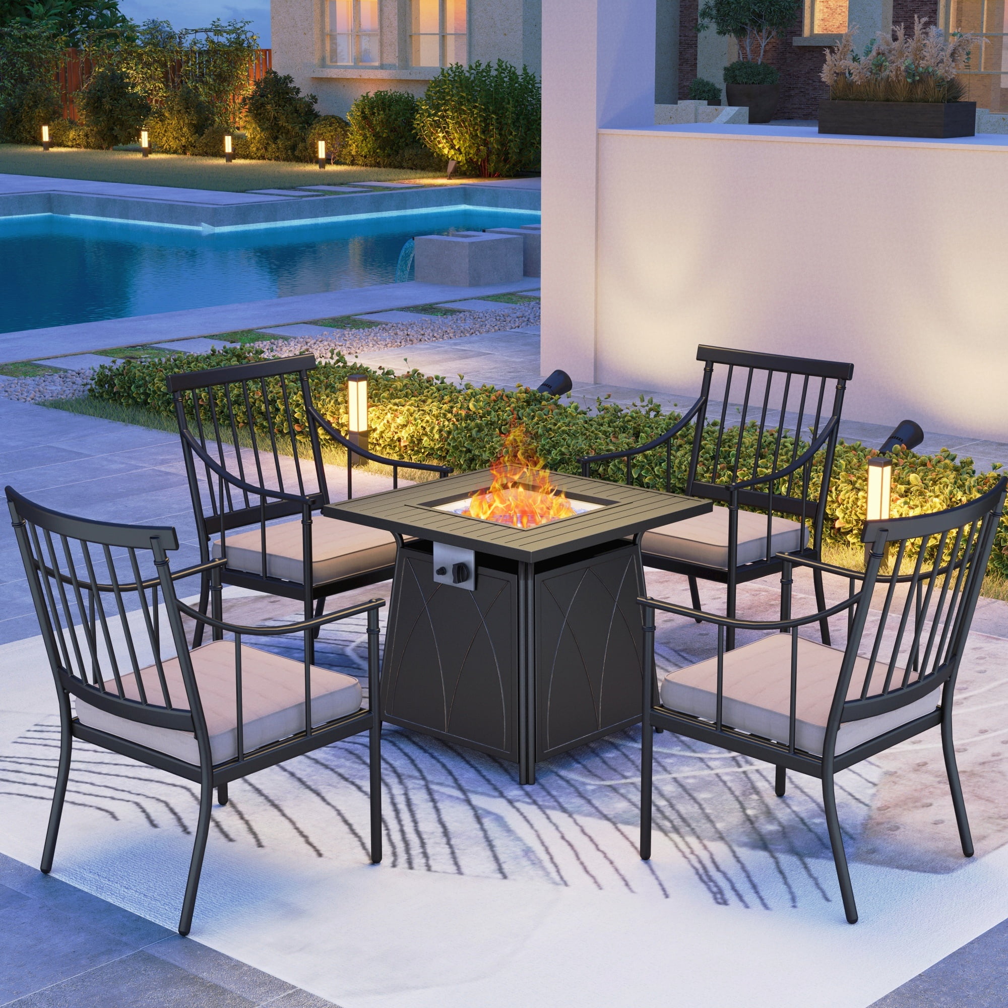 MF Studio 5 Piece Outdoor Fire Pit Conversation Set with 50 000 BTU Fire Pit Table Cushioned Chairs for 4 Person Black Beige