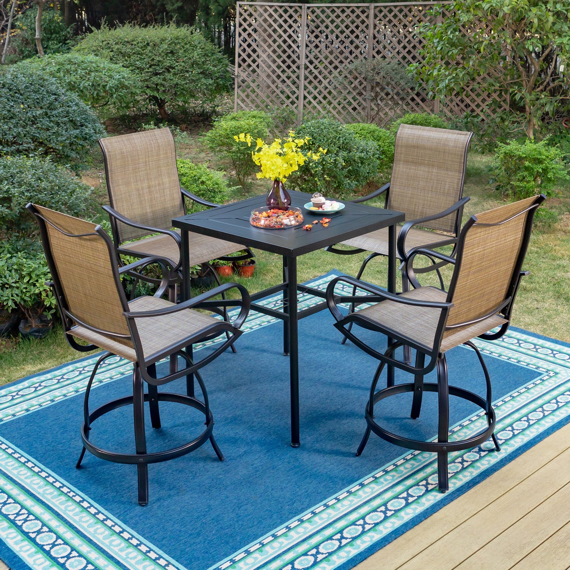 MF Studio 5 Piece Outdoor Patio Bar Stool Set with Square Counter Height Table Swivel Bar Chairs Black Brown
