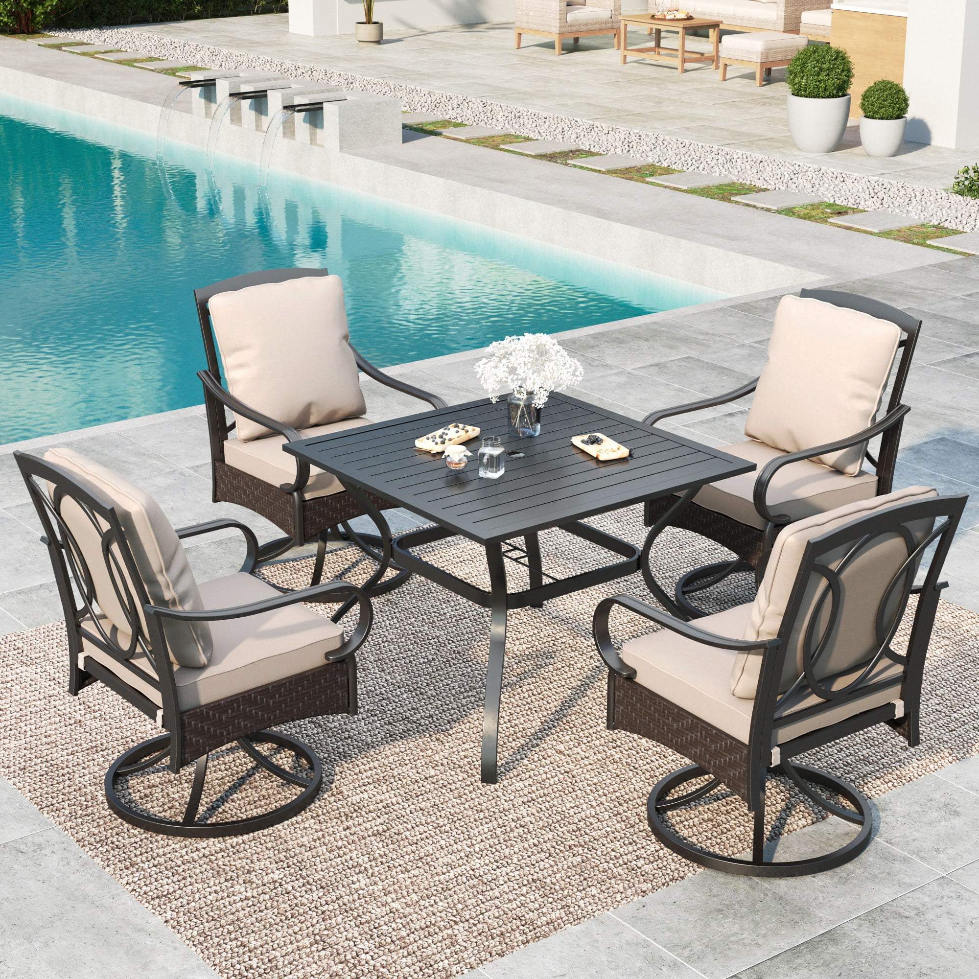 MF Studio 5-Piece Rattan Outdoor Patio Dining Set with Swivel Chairs & Cushions, Slatted Table ...