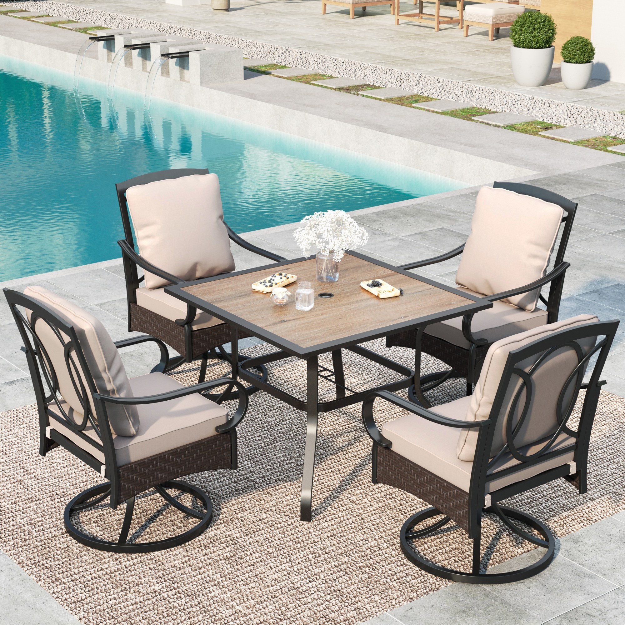 5-Piece Wicker Patio Dining Set w/ Umbrella Cutout, 4 Chairs - Navy ...