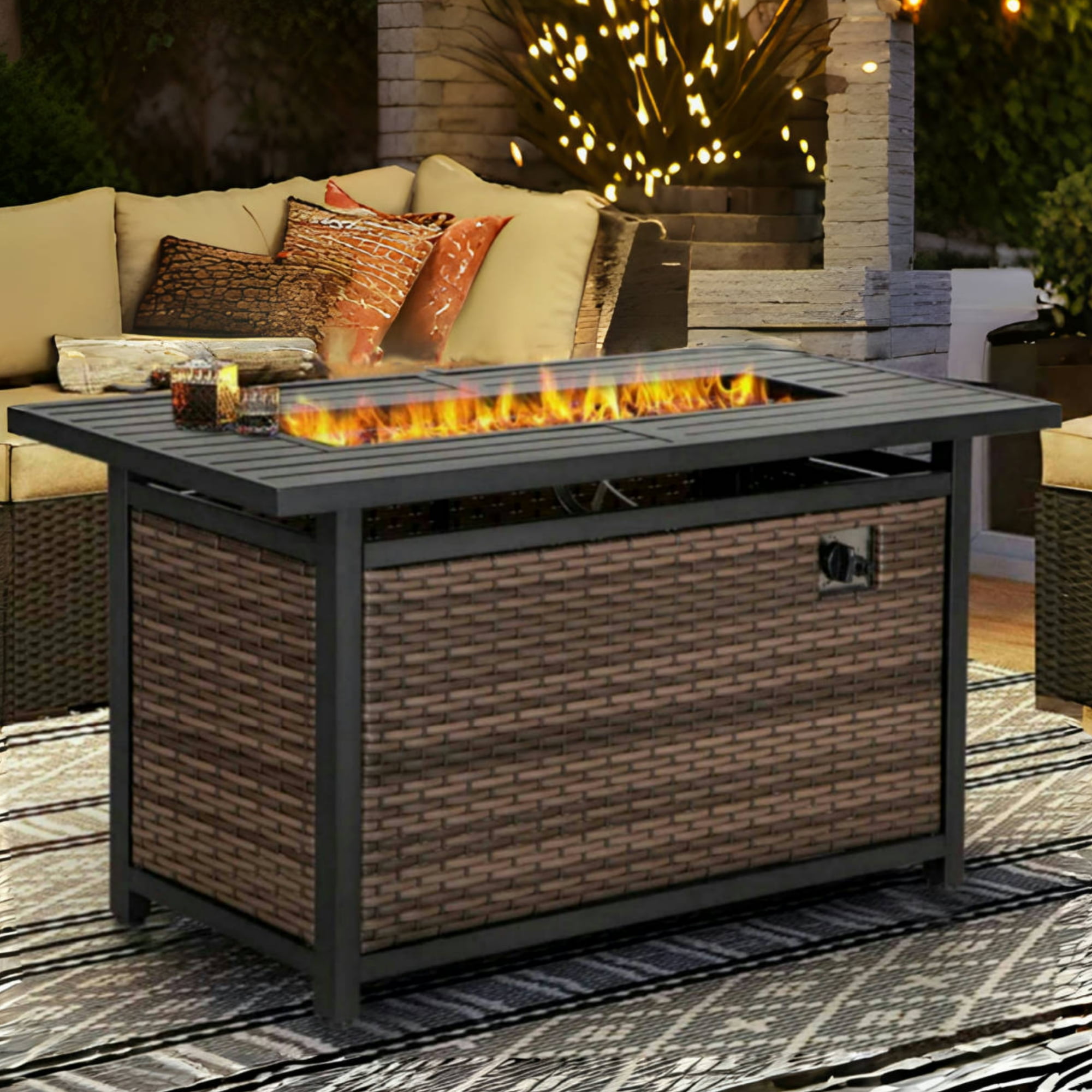 MF Studio 56" Rectangular Gas Fire Pit Table, 50,000 BTU Wicker Propane ...
