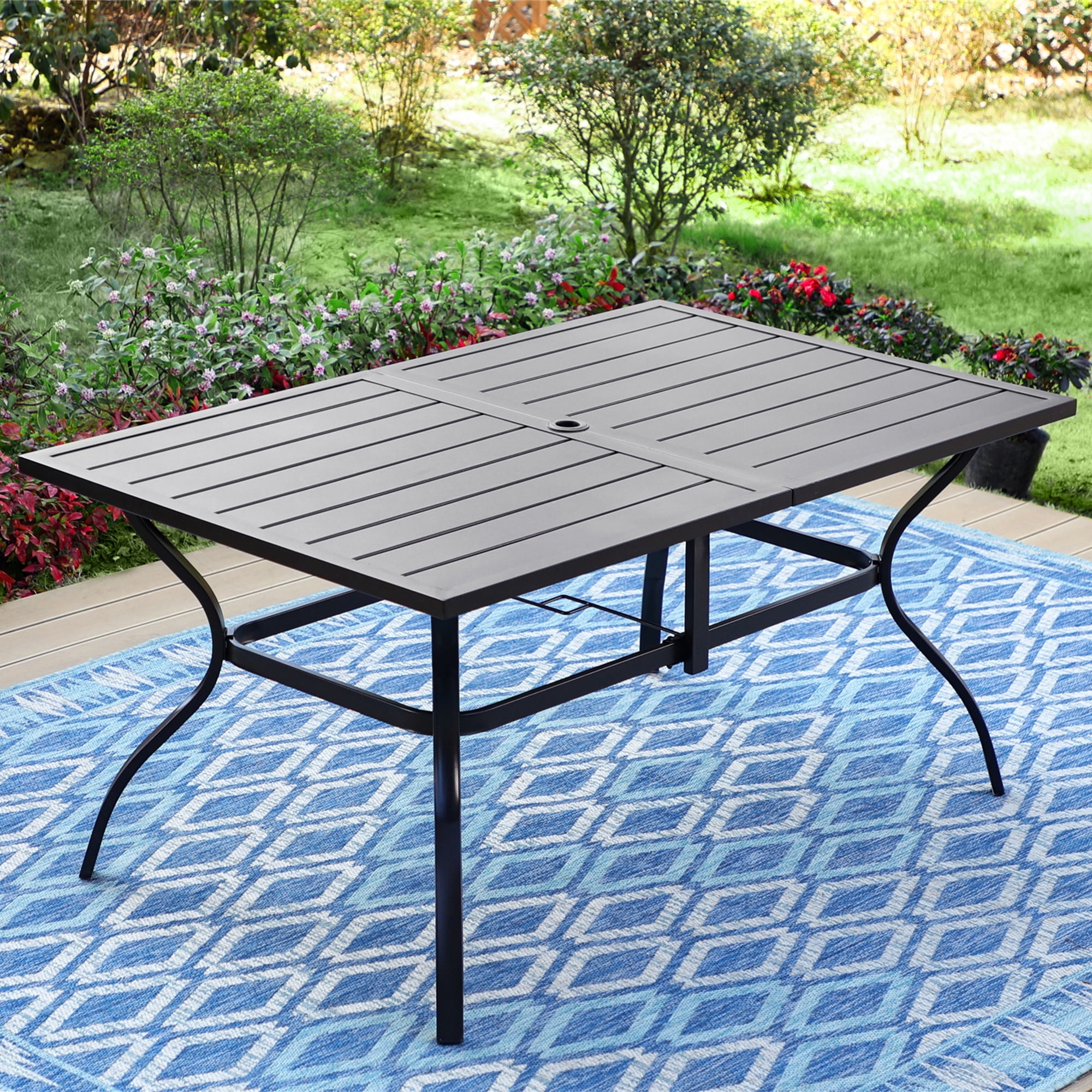 MF Studio 6-Person Outdoor Rectangular Metal Dining Table with Umbrella ...