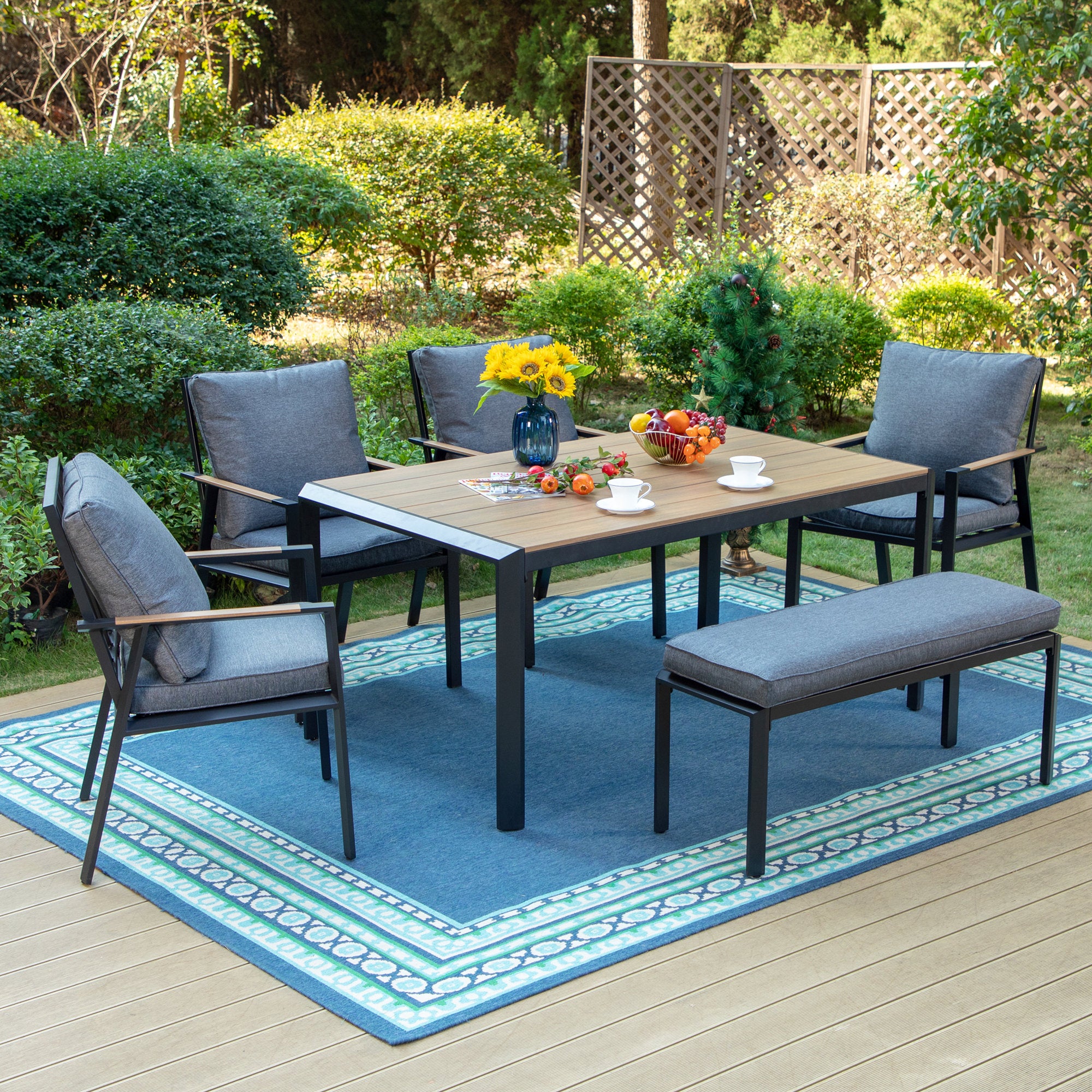 GDF Studio Lulu Outdoor Aluminum 7 Piece Dining Set with Cushion, Black ...