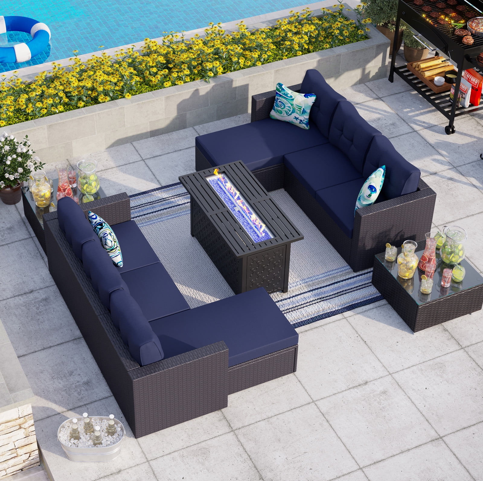 MF Studio 7pc Outdoor Patio Furniture Set with Gas Fire Pit Table ...